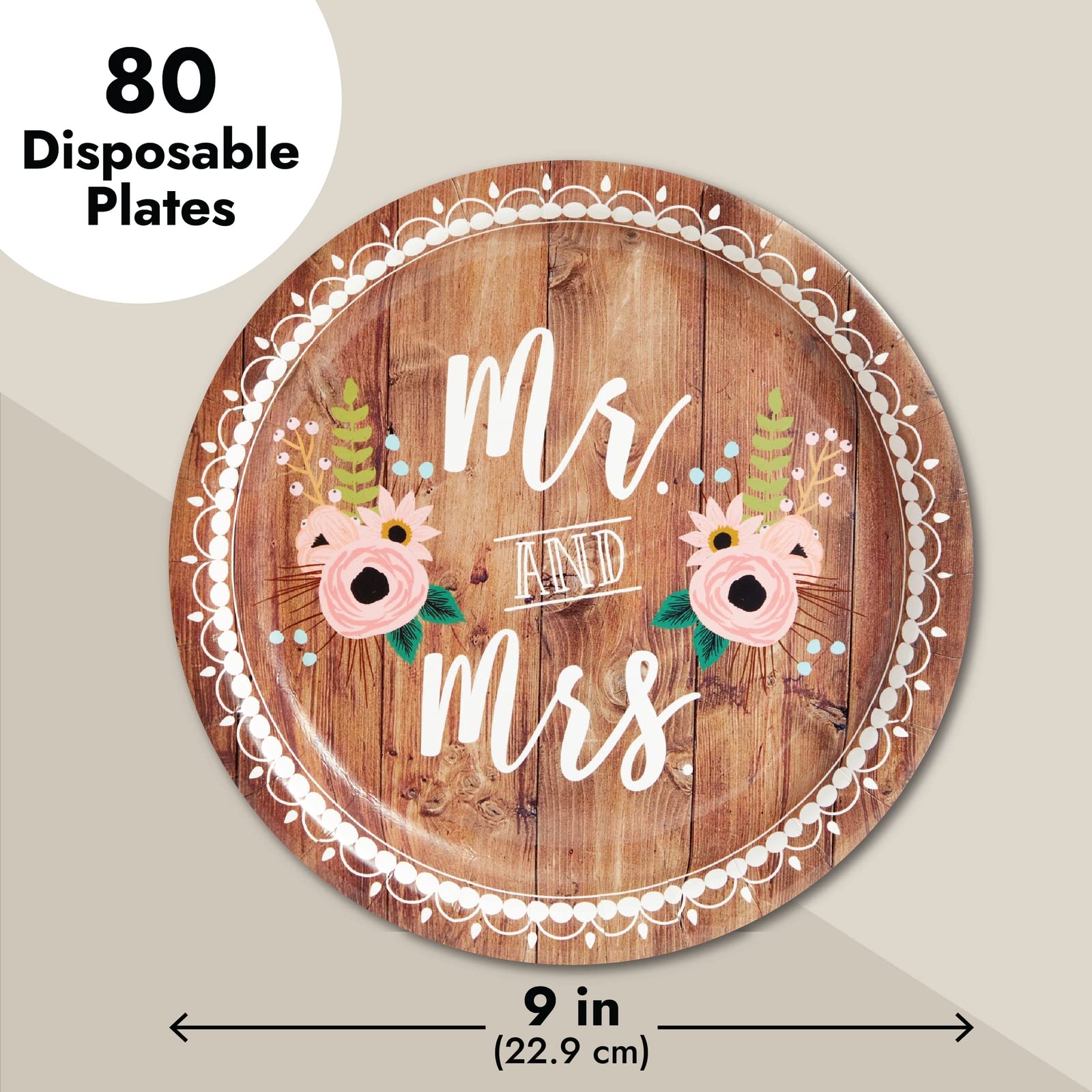 BLUE PANDA 80-Count Wedding Paper Plates, Disposable Mr and Mrs Rustic-Style Reception, Bridal Shower, Country Wedding Decorations, Engagement Party Supplies (9 in) Bulk Pack