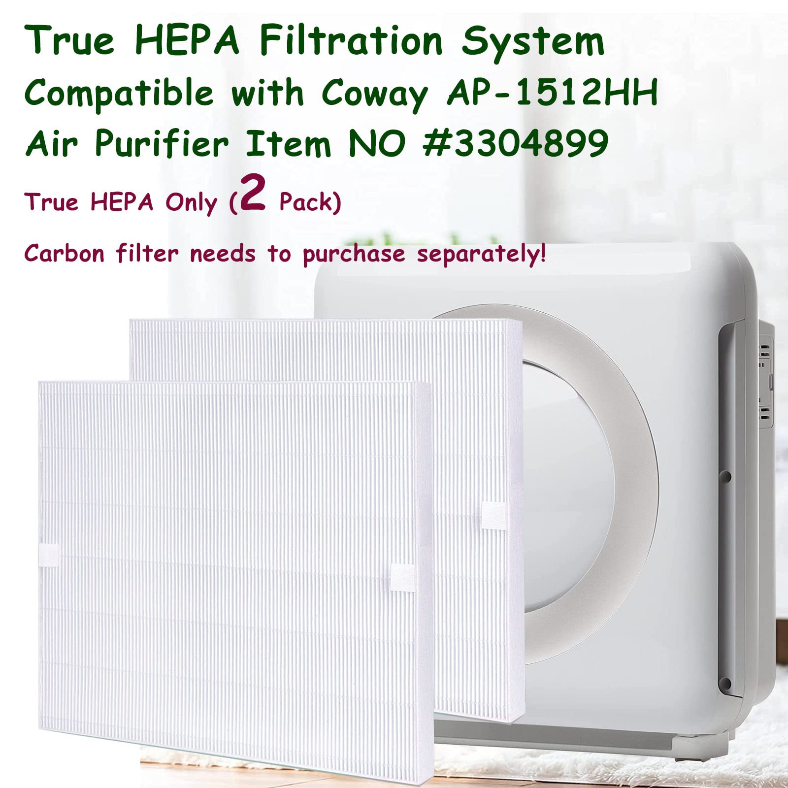 AP-1512HH Filter Replacement Compatible with AP1512HH 3304899 Coway Air Purifier, AP-1512HH-FP, Item NO #3304899, 2 Pack HEPA Filter Only