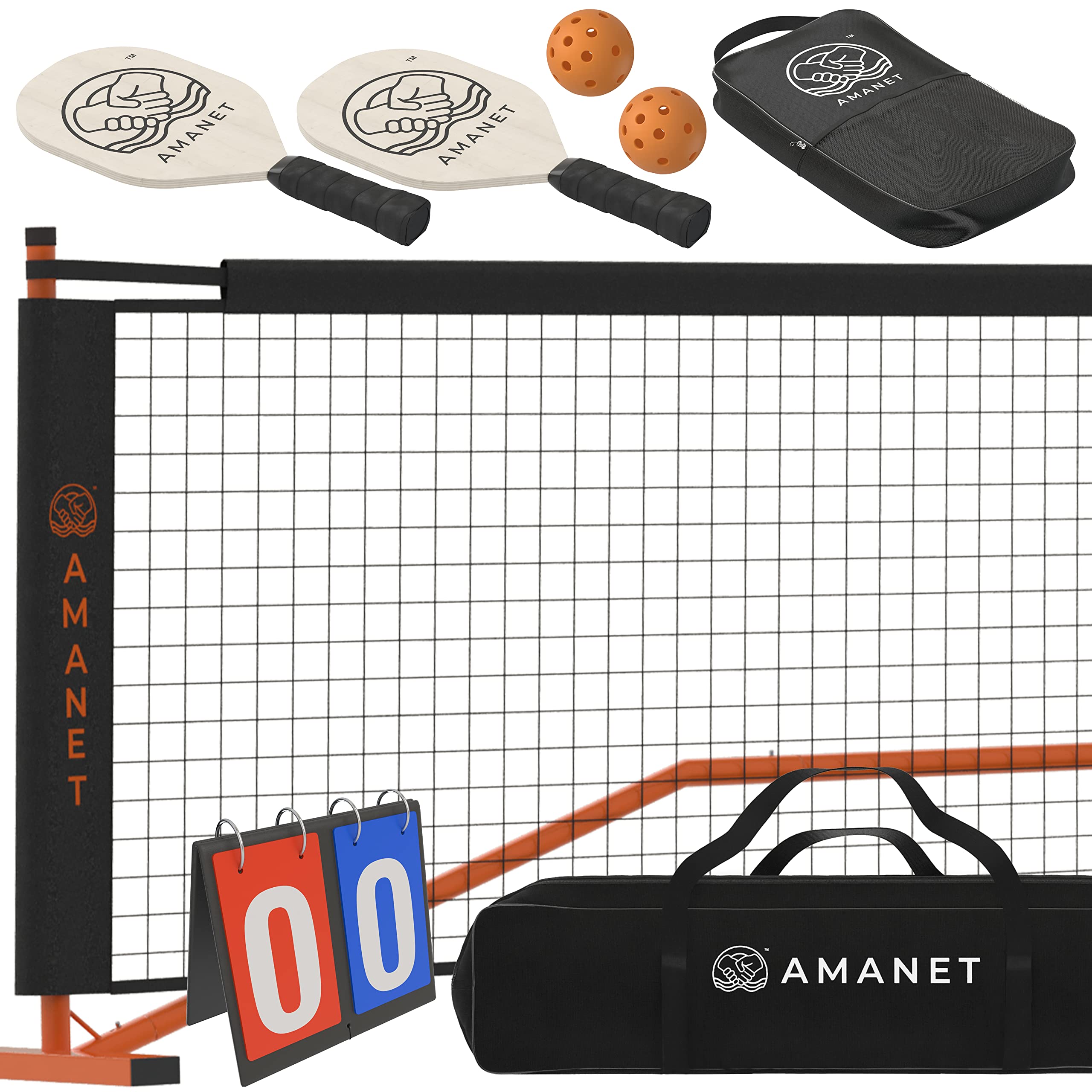 AMANET Portable Pickleball Set with Net System, Official Regulation Size - Includes Net, Detachable Steel Poles, 2 Wooden Paddles, 2 Pickleballs, Paddle Bag, Carry and Storage Bag with Handles