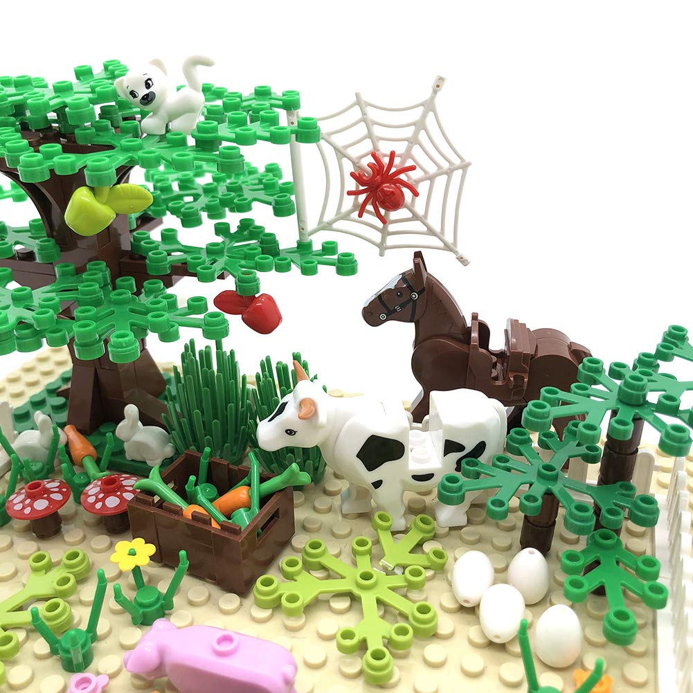 Farm Animals Building Blocks Toys Garden Park Trees and Flowers Classic Botanical Accessories Bricks for Boys Girls Kids Age 6+ Gifts(Include 1 Pcs 10" x 10" Base Plate