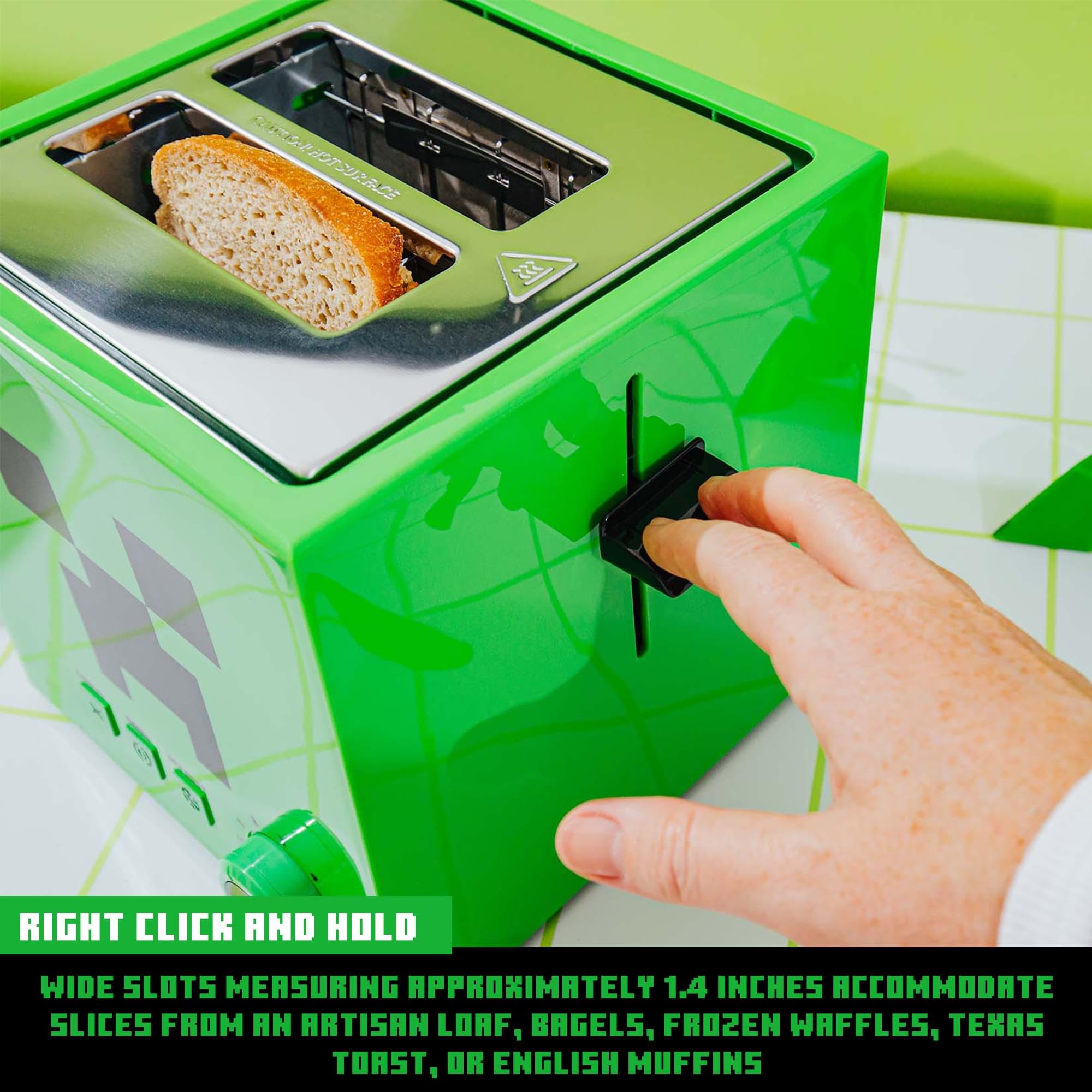 Minecraft Green Creeper 2-Slice Toaster For Bagels, Waffles, and Breads | Features 6 Settings With Defrost Option | Imprints Creeper Symbol On Bread