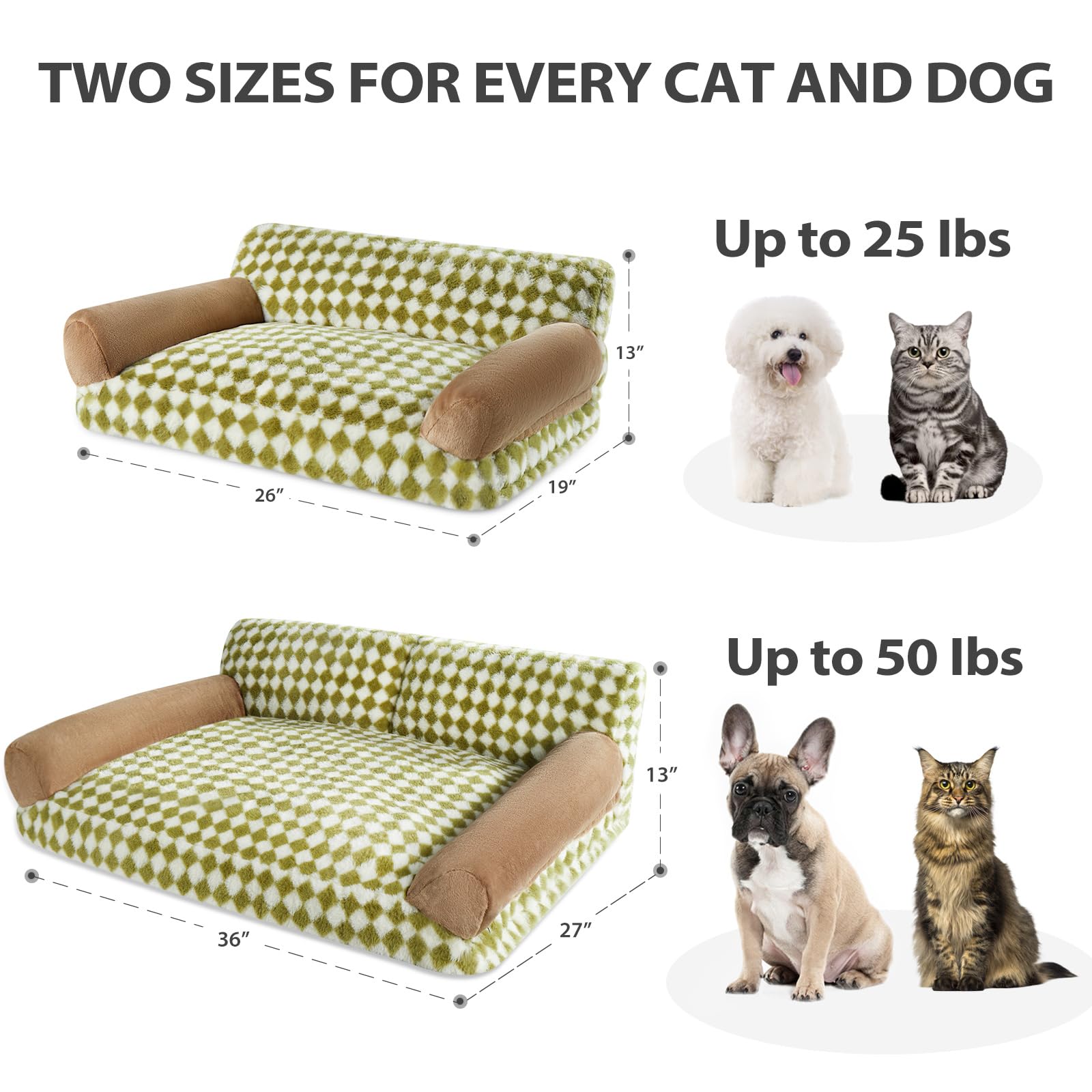 BFPETHOME Cat Couch Bed & Dog Couch Bed, Pet Couch Bed for Small Pet, Cute Dog Sofa Bed, Cat Sofa & Pet Sofa with Non-Slip Bottom, Checkered Dog Bed with Washable Cover (Green&White)
