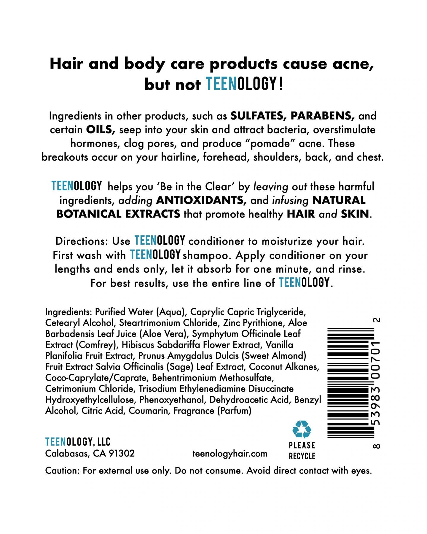 Teenology Conditioner for Teens - Avoid Forehead and Body Acne - Sulfate and Paraben Free, Noncomedogenic, Natural Botanical Extracts, Vanilla Almond - 16 oz.