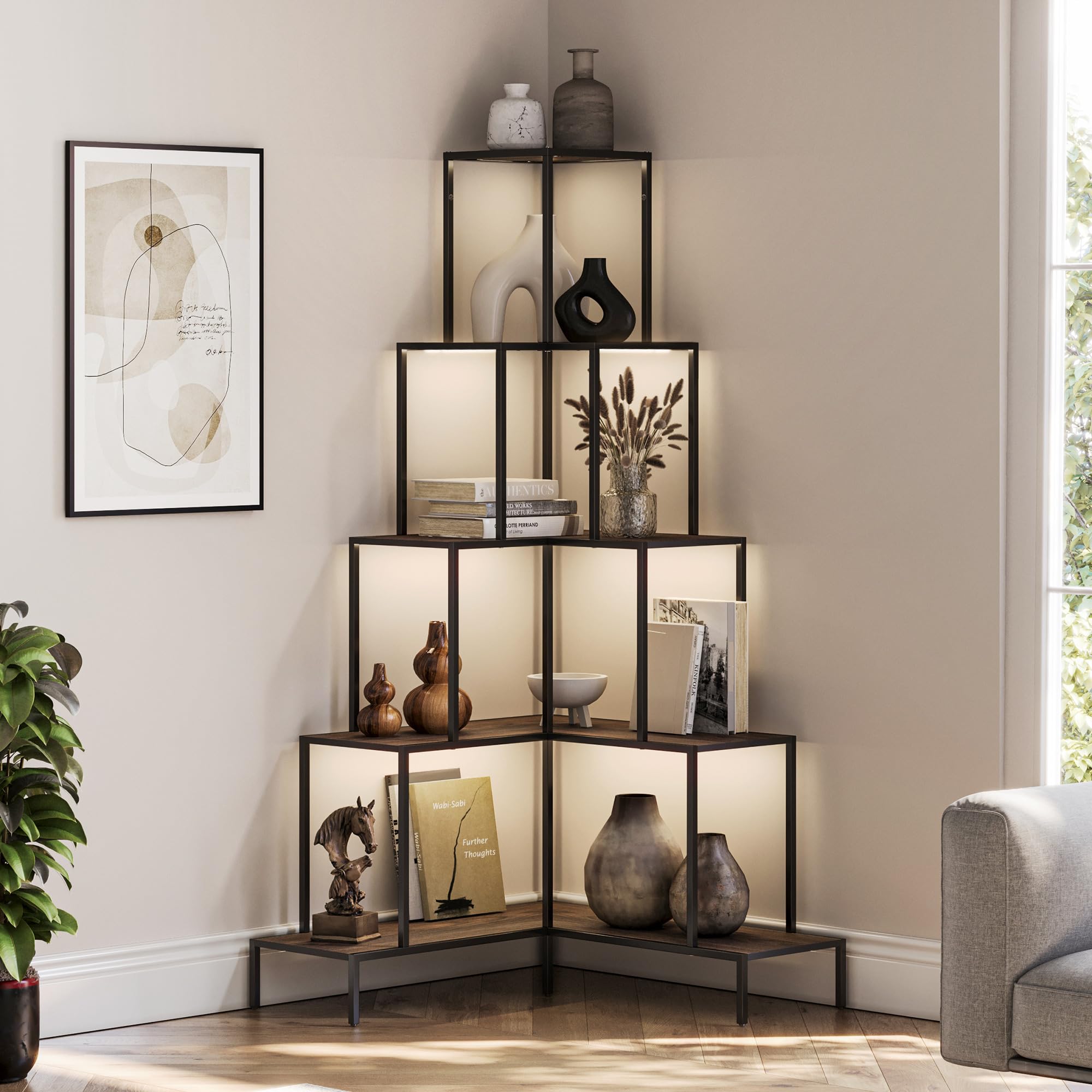 BELLEZE 5-Tier Corner Bookshelf with RGB Light, Remote Control Multiple Lighting Modes and Colors, 66" Tall L-Shaped Bookcase, Storage & Display Rack for Living Room, Courtyard and Home Office - Gray