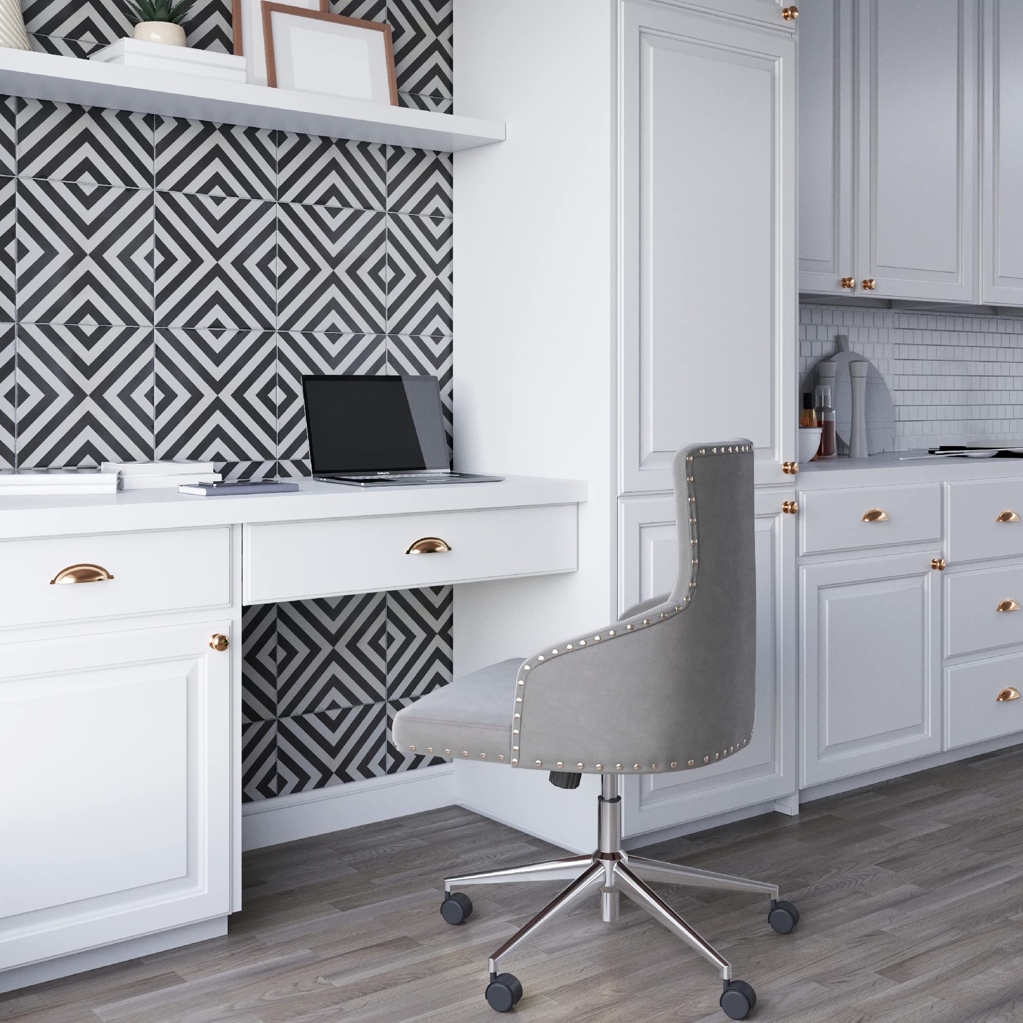 BELLEZE Modern Velvet Desk Chair for Home Office or Bedroom Vanity, Tufted Upholstered Seat with Slim Arms, Adjustable Height, Swivel, Wheels - Belden (Gray)