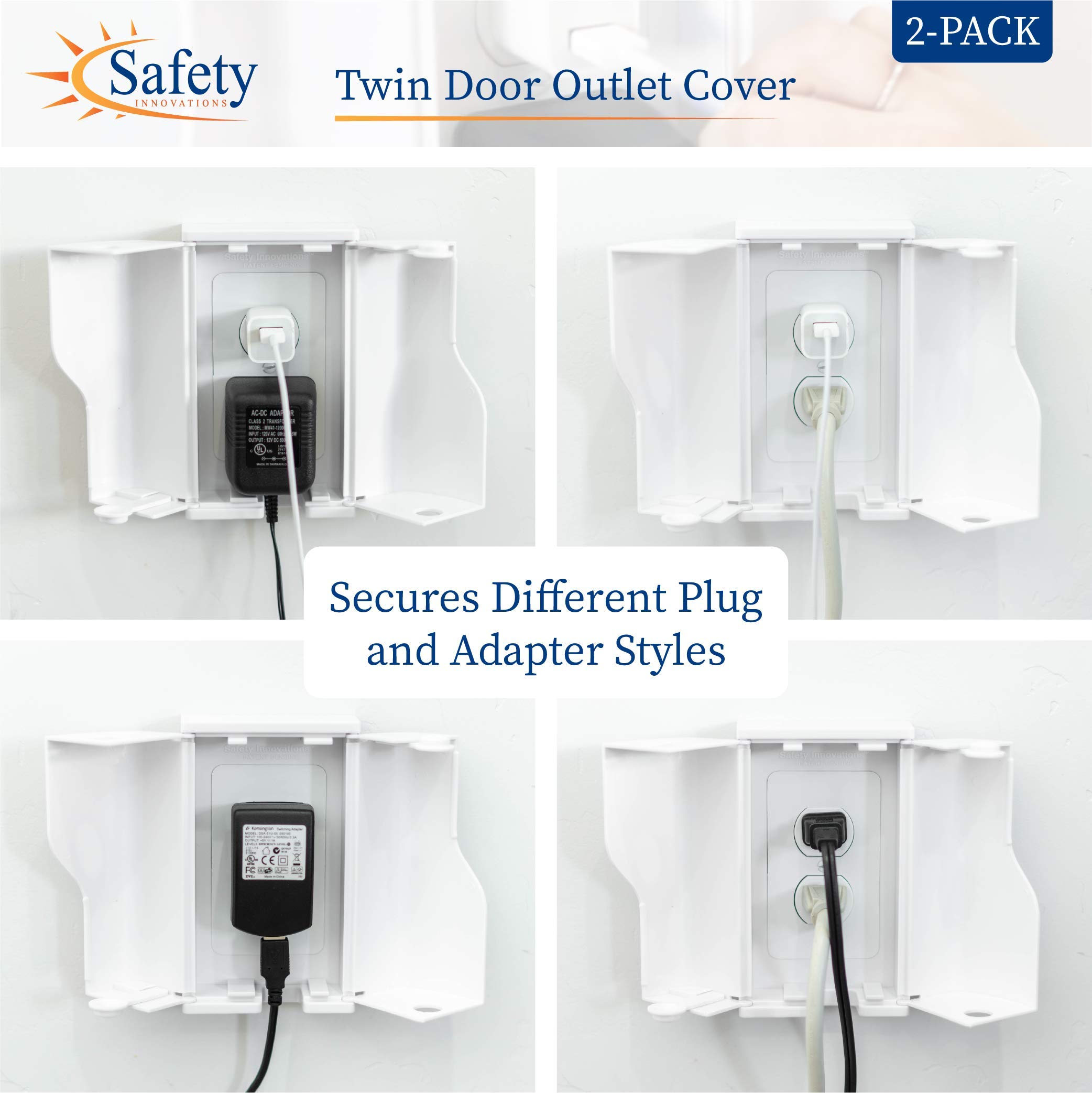 Safety Innovations Twin Door Baby Safety Outlet Cover Box for Babyproofing Outlets - More Interior Space for Extra Large Electrical Plugs and Adapters - Easy to Install - Easy to Use, (2-Pack)