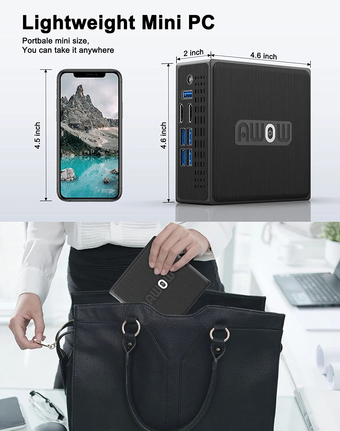 AWOW Mini PC, Intel Celeron J3455 6GB LPDDR4 256GB SSD, Mini Desktop Computer, AK34 PRO Quad Core Small Computer, Dual Gigabit Ethernet NIC, 2*HDMI, 5*USB3.0
