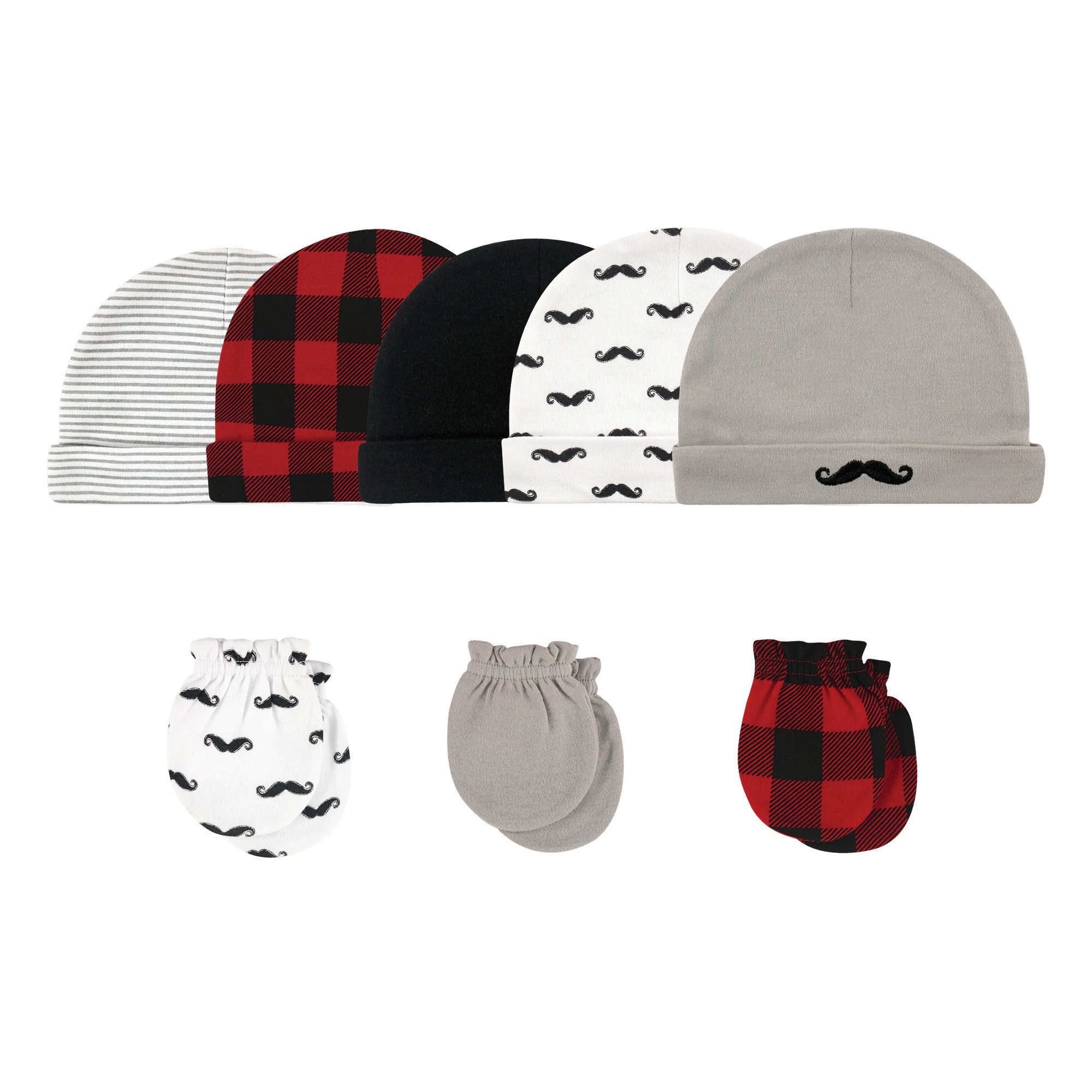 Hudson Baby Unisex Cotton Cap and Scratch Mitten Set, Mustache, 0-6 Months
