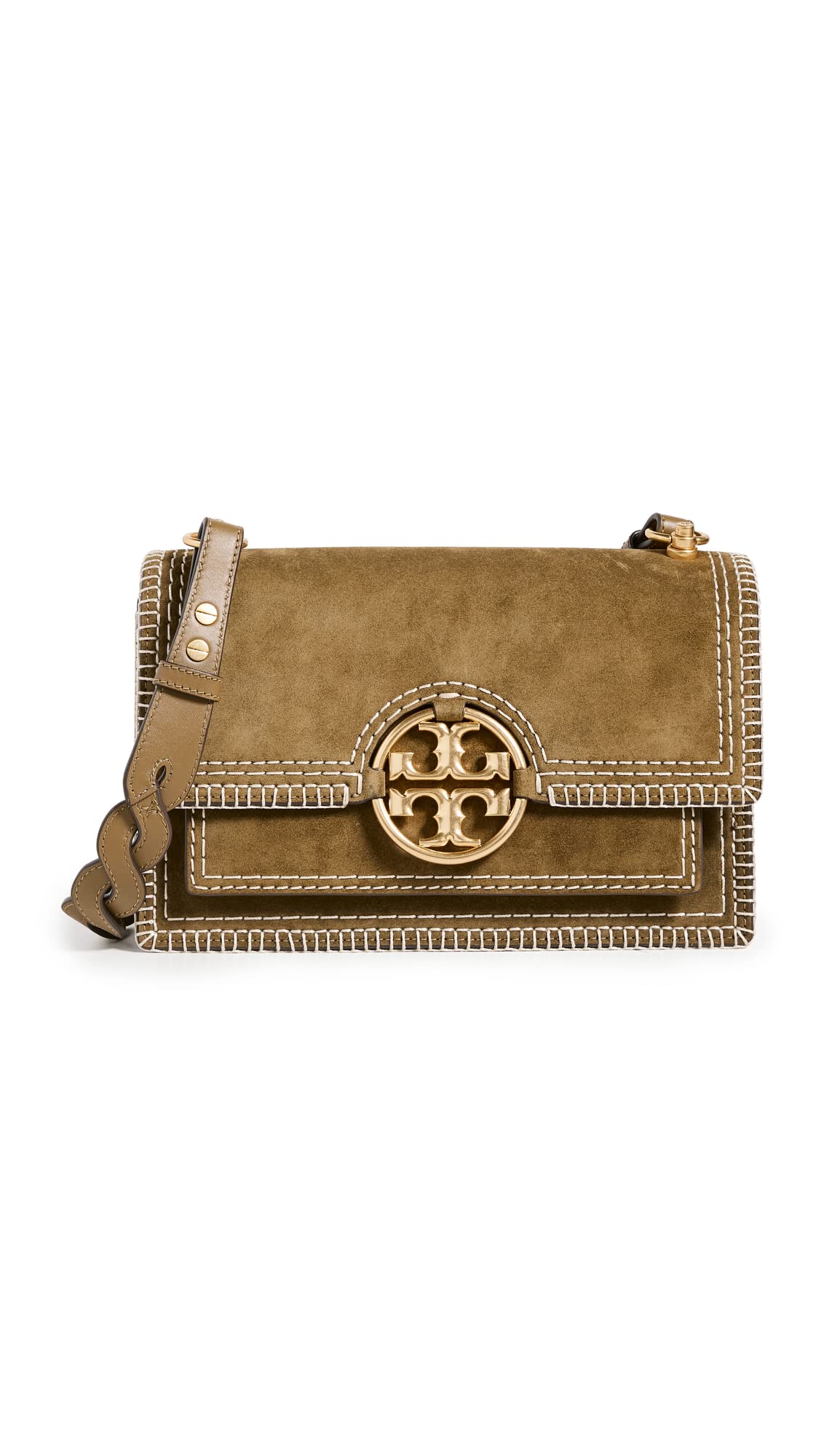Tory Burch Women's Miller Suede Stitched Flap Shoulder Bag, Toasted Sesame, Tan, Brown, One Size