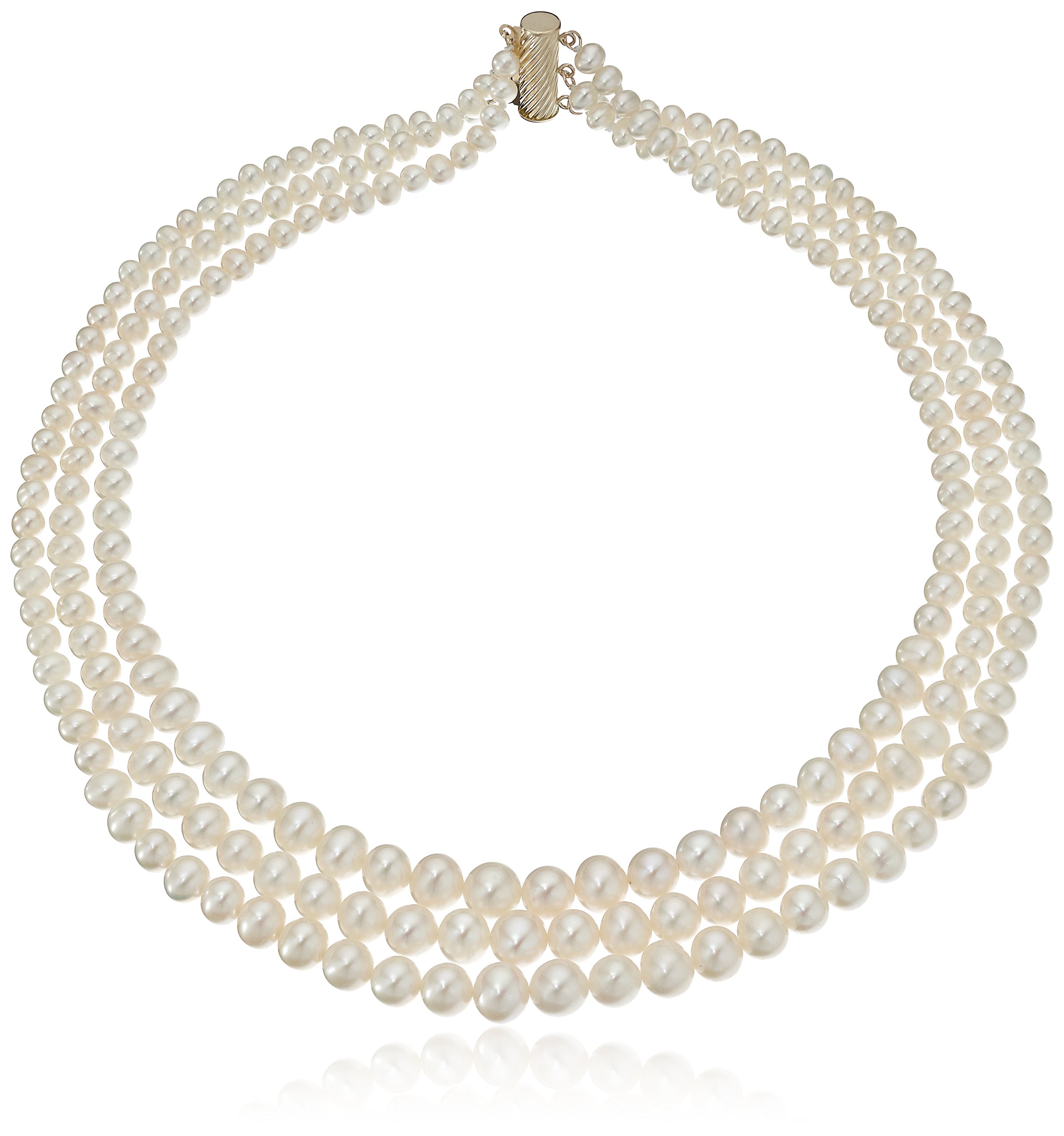 Amazon Collection 14k Yellow Gold Graduated 4-8.5mm White Freshwater Cultured 3-rows Pearl Strand, 16"
