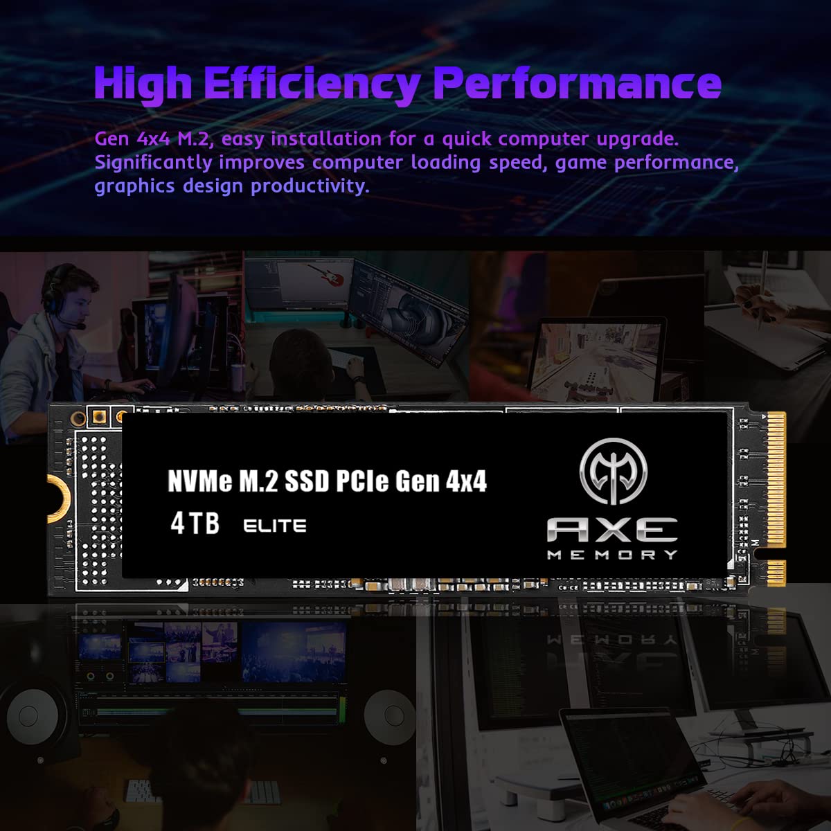 Axe Memory Elite Internal SSD 4TB Gen4 PCIe NVMe M.2 2280 Solid State Drive - Read Up to 7,200MB/s Write, Up to 6,500MB/s DDR4 2GB DRAM Cache