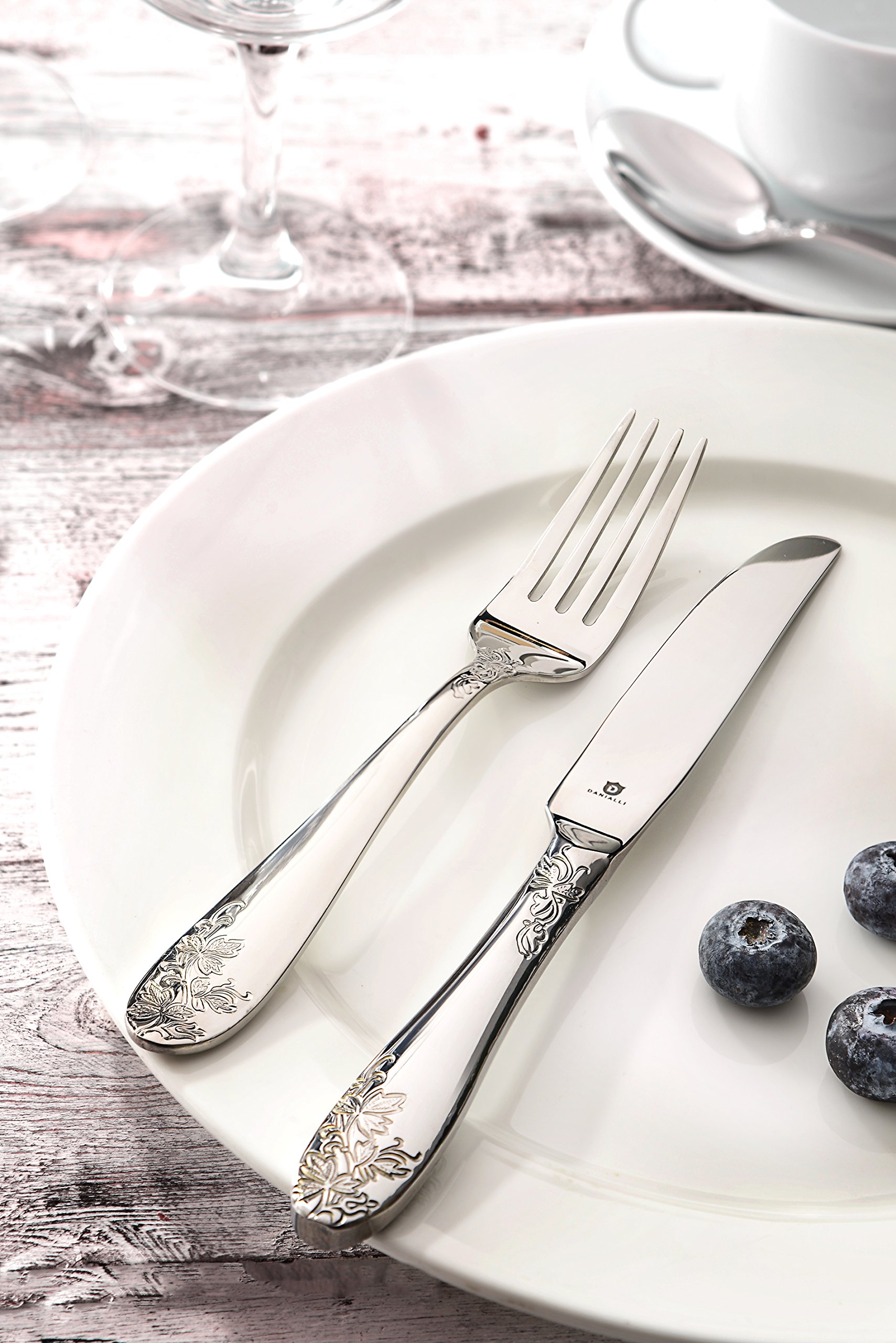 DANIALLI Modern Silverware Set - 18/10 Stainless Steel Flatware Set for Elegant Dining - Dishwasher Safe Cutlery Set (Imperial 40-Piece, Floral)