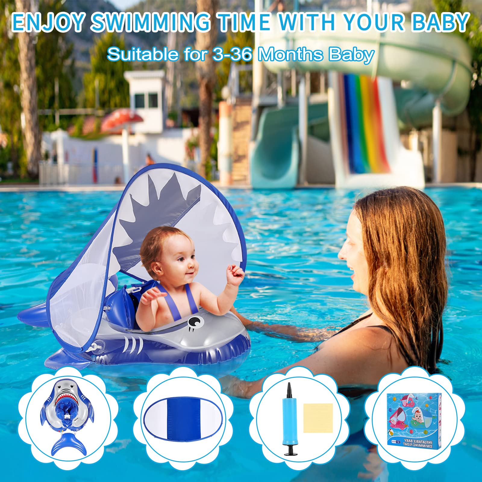 Baby Pool Float, Infant Swimming Float with Sun Protection Canopy Inflatable Floaties for Toddlers Shark Baby Swim Floats Ring for Pool Bath Toys for Newborn 3-36 Months