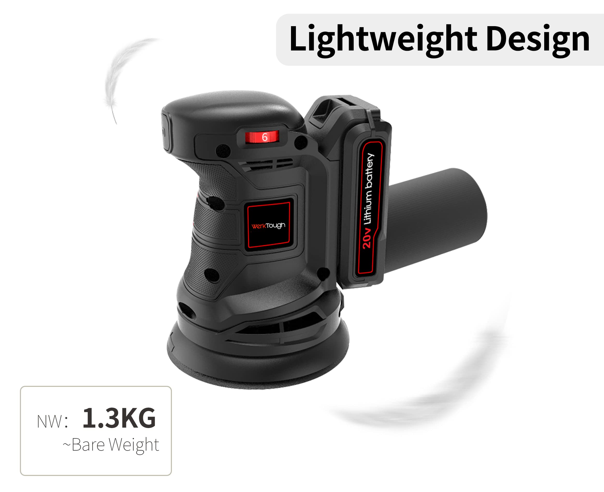 Powertough SA002 20v Cordless Random Orbital Sander 6-step Speed With 2.0A BatteryAnd Fast Charger 1pcs 125 Sander Wheel And 6pcs 125mm Sander Paper With Dust Bag