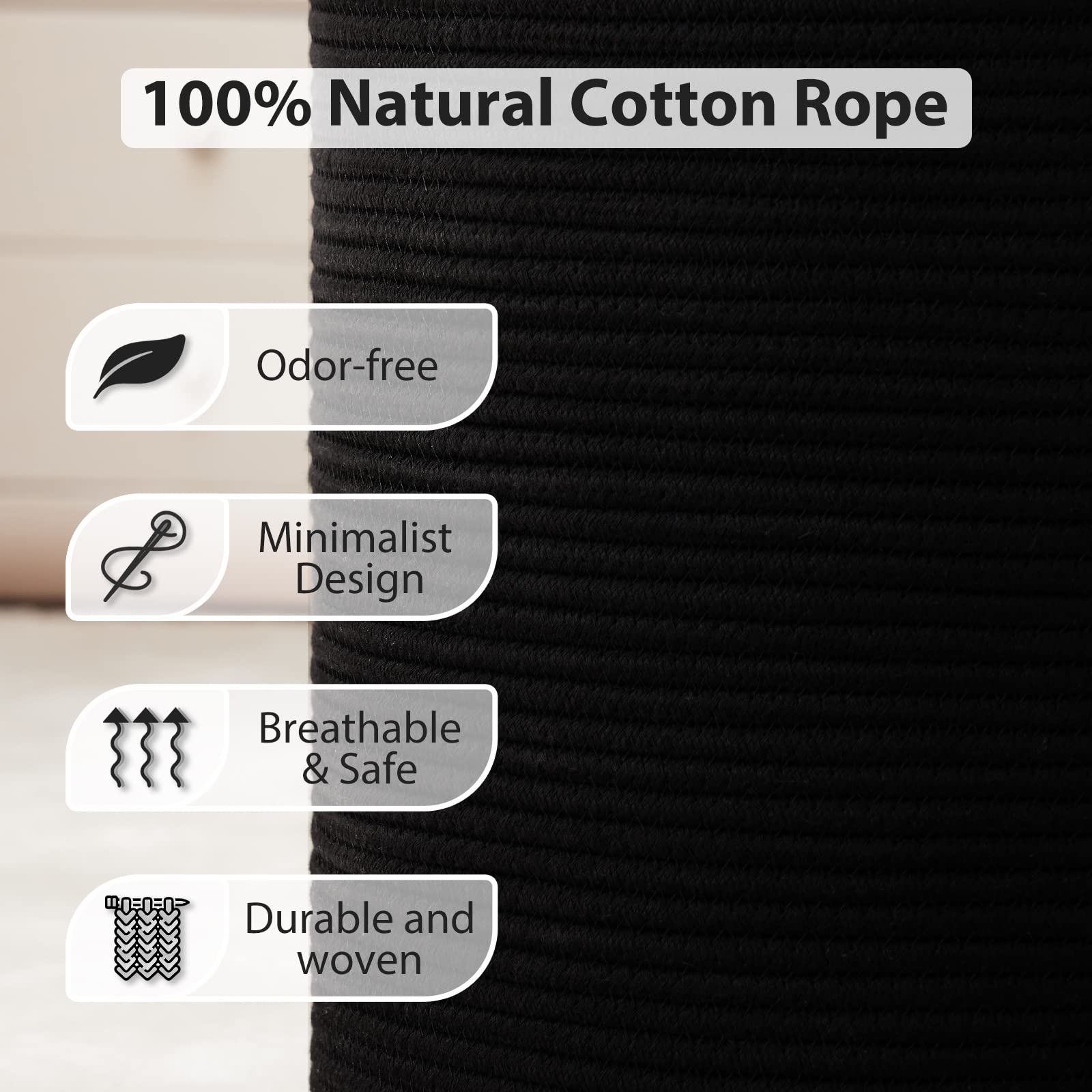 Fiona's magic Woven Rope Laundry Basket, 58L Tall Laundry Hamper for Blanket Storage, Large Baby Nursery Basket for Laundry, Decorative Clothes Hamper for Bedroom, Living Room and Bathroom, Black