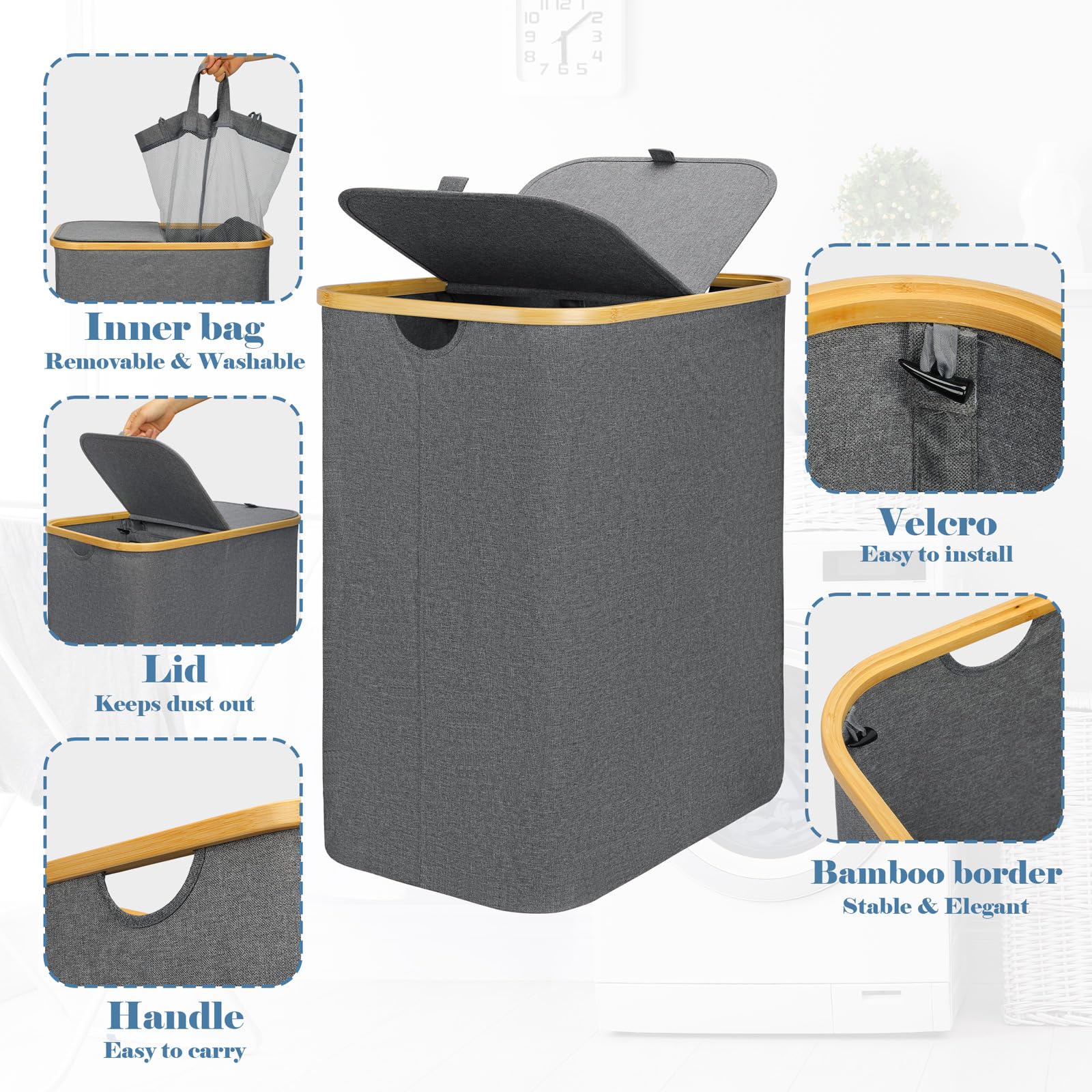 Bellzacasa Laundry Hamper with Lid, 140L Double Dirty Clothes Hamper with Handles and Removable Bags, Large Collapsible 2 Section Laundry Basket for Bedroom Bathroom (Gray)