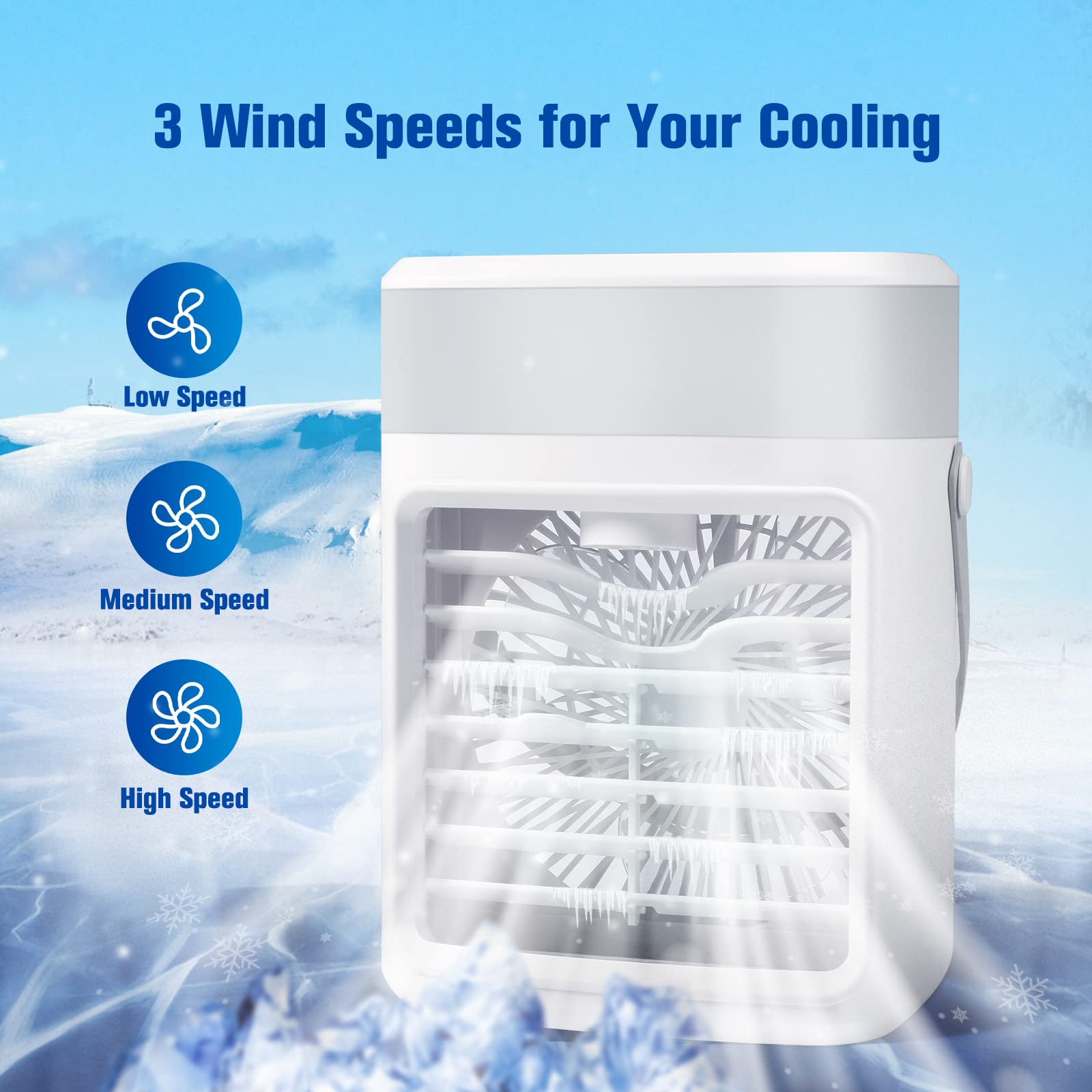 Portable Air Conditioner, Personal Evaporative Air Cooler, Strong Wind Air Fan with 3 Speeds & 3 Misting & LED Light & Aromatherapy Slot Small Desktop Cooling Humidifier Fan for Bedroom, USB Charging