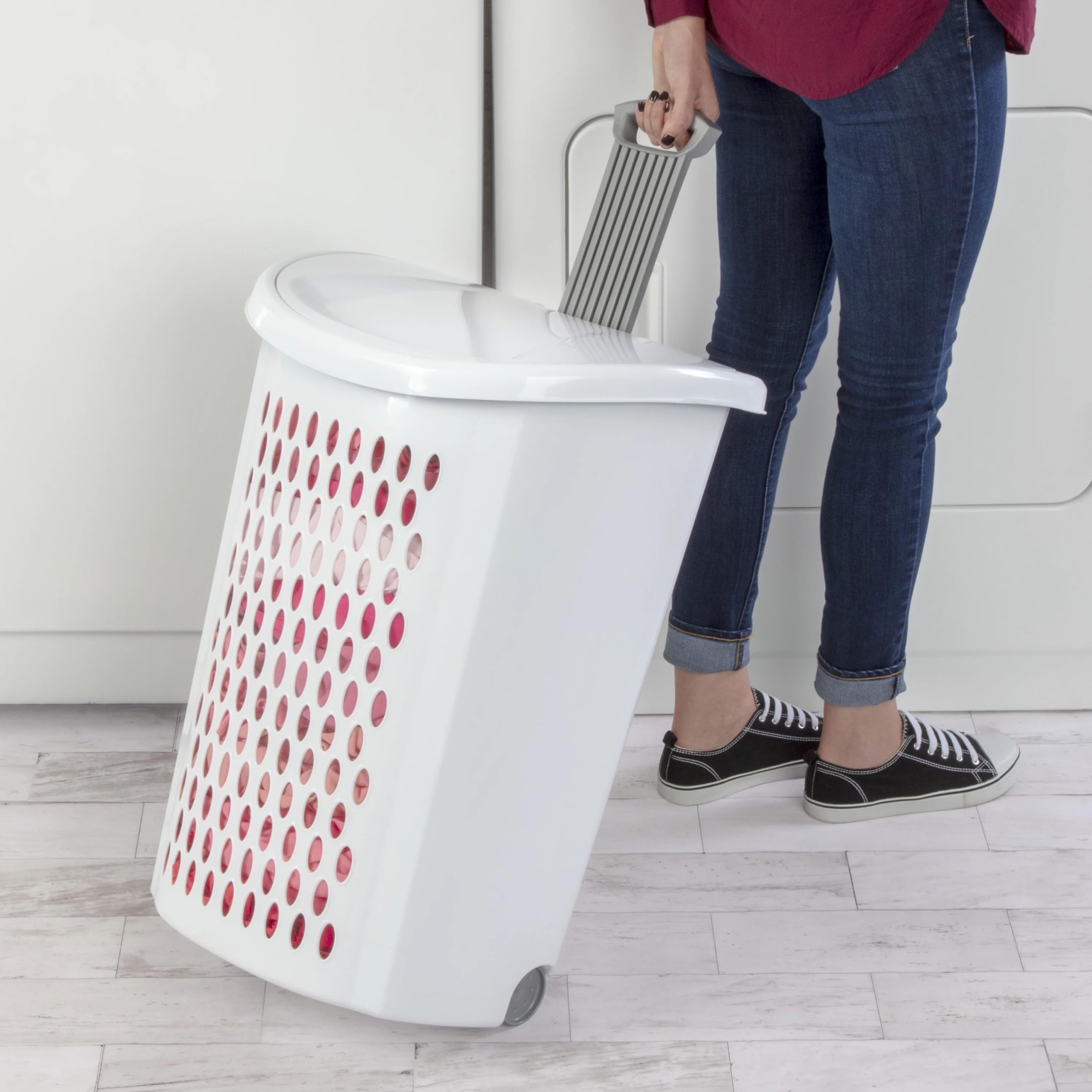 BHCHA Ultra Wheeled Design Clothes Laundry Basket, 135 Liter (20 1/8" x 15 3/8" x 26 3/4")Capacity, Laundry Hamper White Lid & Base w/Plastic Handle & Wheels,1-Pack