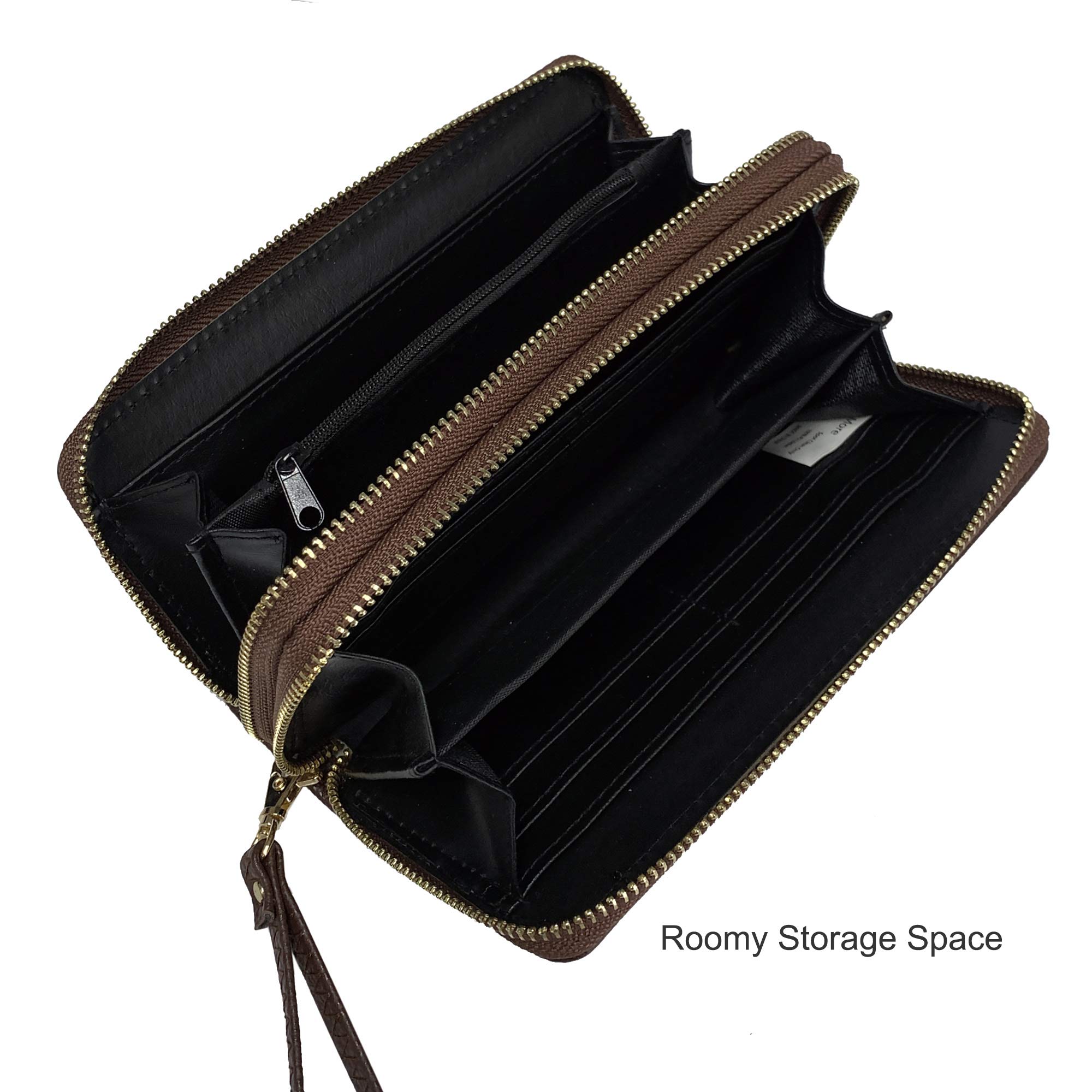 Double Zipper Wristlet Wallet Long Zip Around Clutch Travel Purse for for Cards, Cash, Checkbook, Passport (Grain-Brown 01)