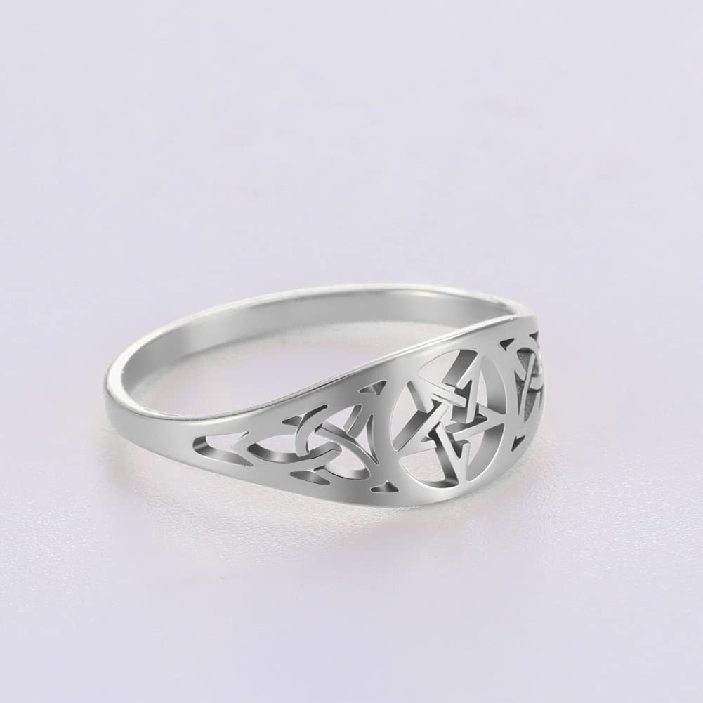 Amaxer Pentacle Pentagram Star Irish Celtic Triquetra Triangle Trinity Knot Finger Ring Stainless Steel Amulet Jewelry for Women (Silver, 7)