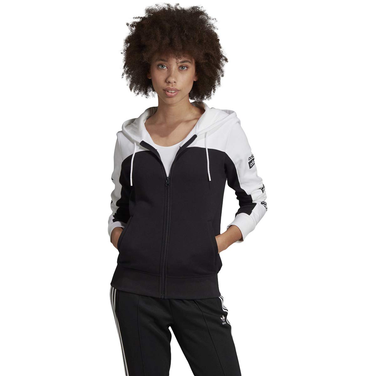 adidas Originals Women's Hoodie Trefoil Hooded Sweatshirt Sports Pullover (White/Black, Medium (M))