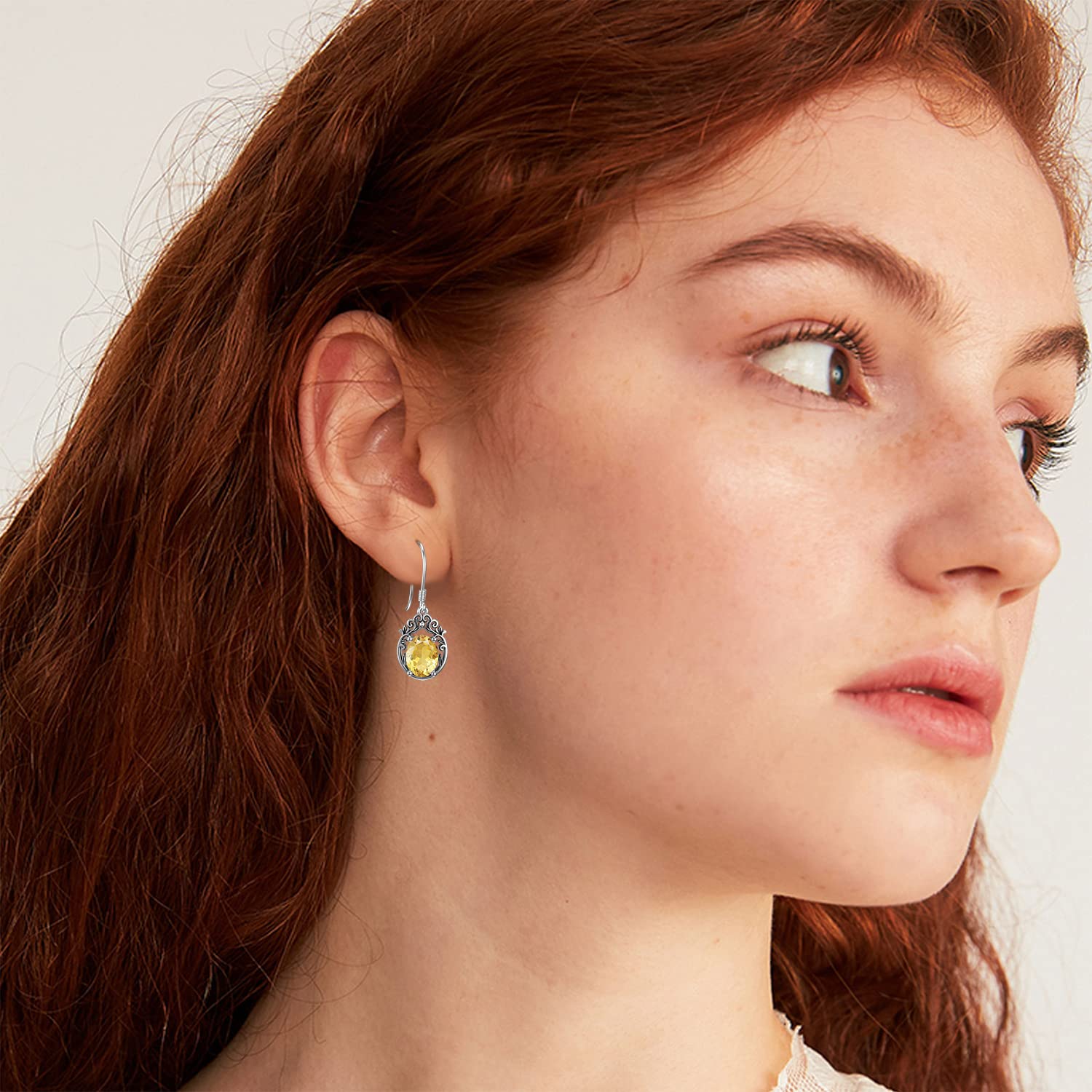 Althum Citrine Earrings 925 Sterling Silver 7x9mm Oval Cut Genuine Yellow Citrine with Vintage Filigree Drop Dangle Earrings for Women