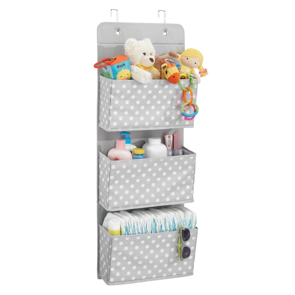 mDesign Fabric Baby Nursery Hanging Organizers for Over The Door Storage for Kids - 3 Pocket Organizer Caddy with Hooks for Clothing, School, Diaper, Toy, and Outfit Storage - Polka Dot, Gray/White