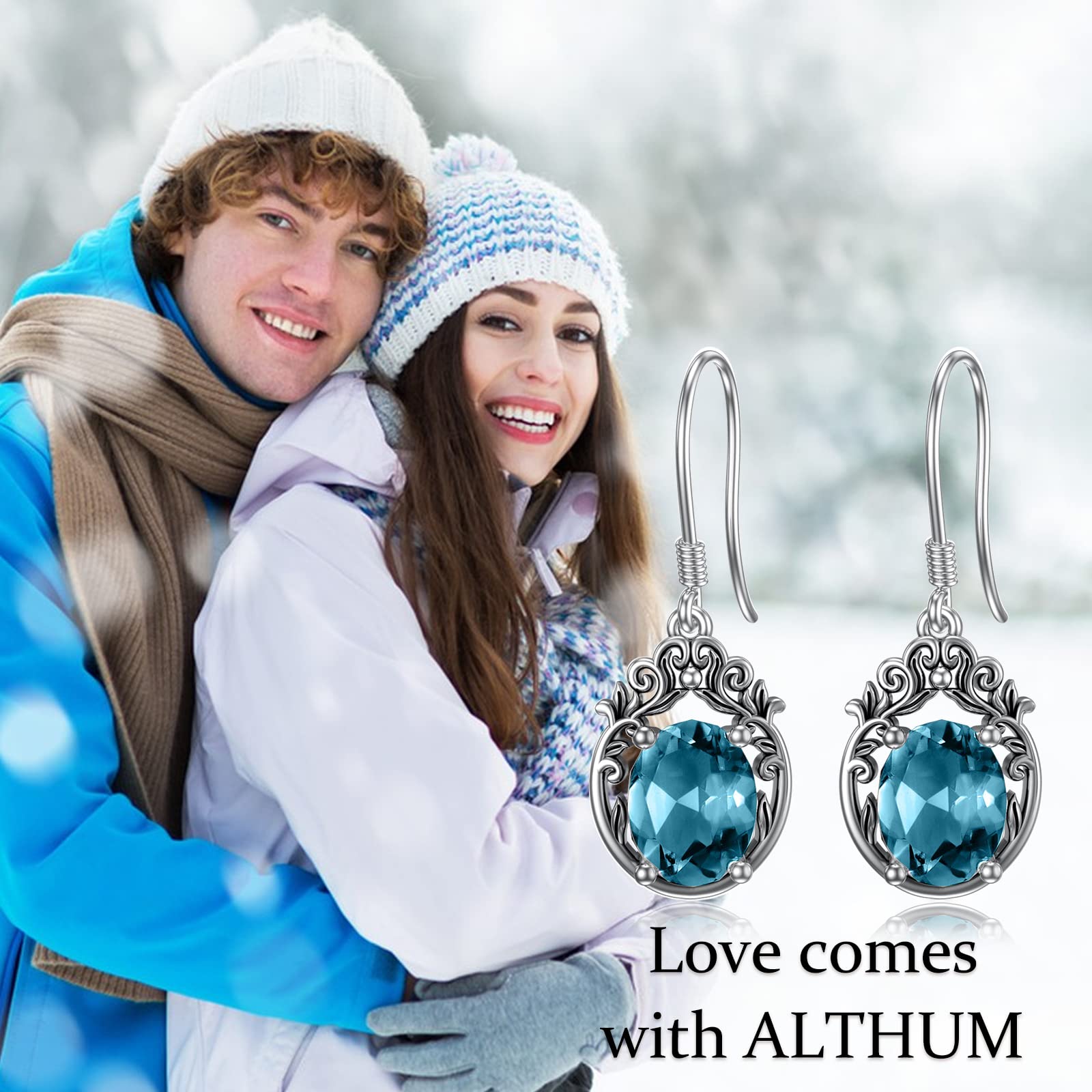 Althum Natural Topaz Earrings 925 Sterling Silver 7 x 9 MM Genuine London Blue Topaz Dangle Earrings for Women