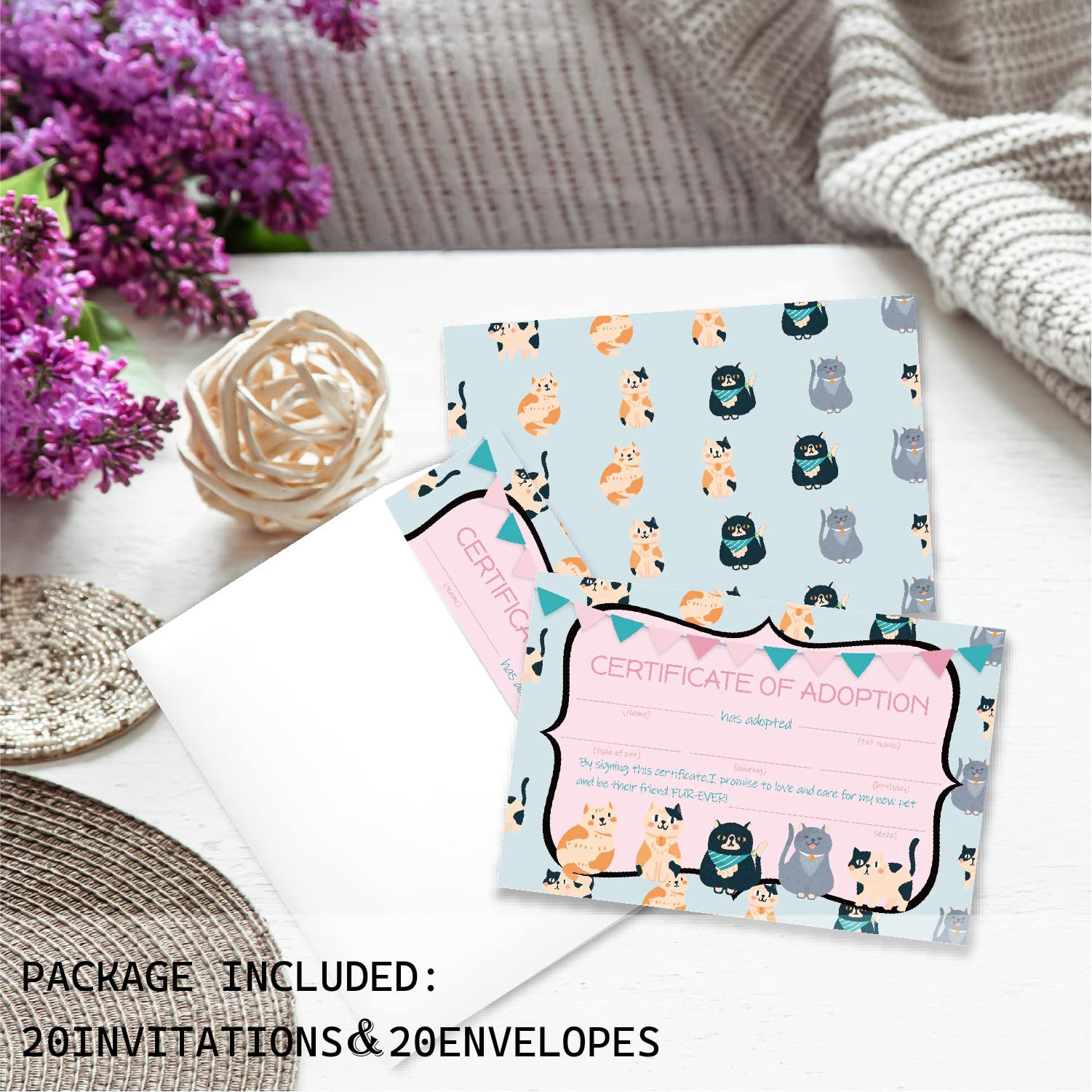 VNWEK Cat Adoption Certificate Party Invitations With Envelopes,Kitty Cat Double-sided Printed Birthday Party Invitation Invite Cards for Kids,Kitten Adoption Birthday Party Invites(20 Sets)