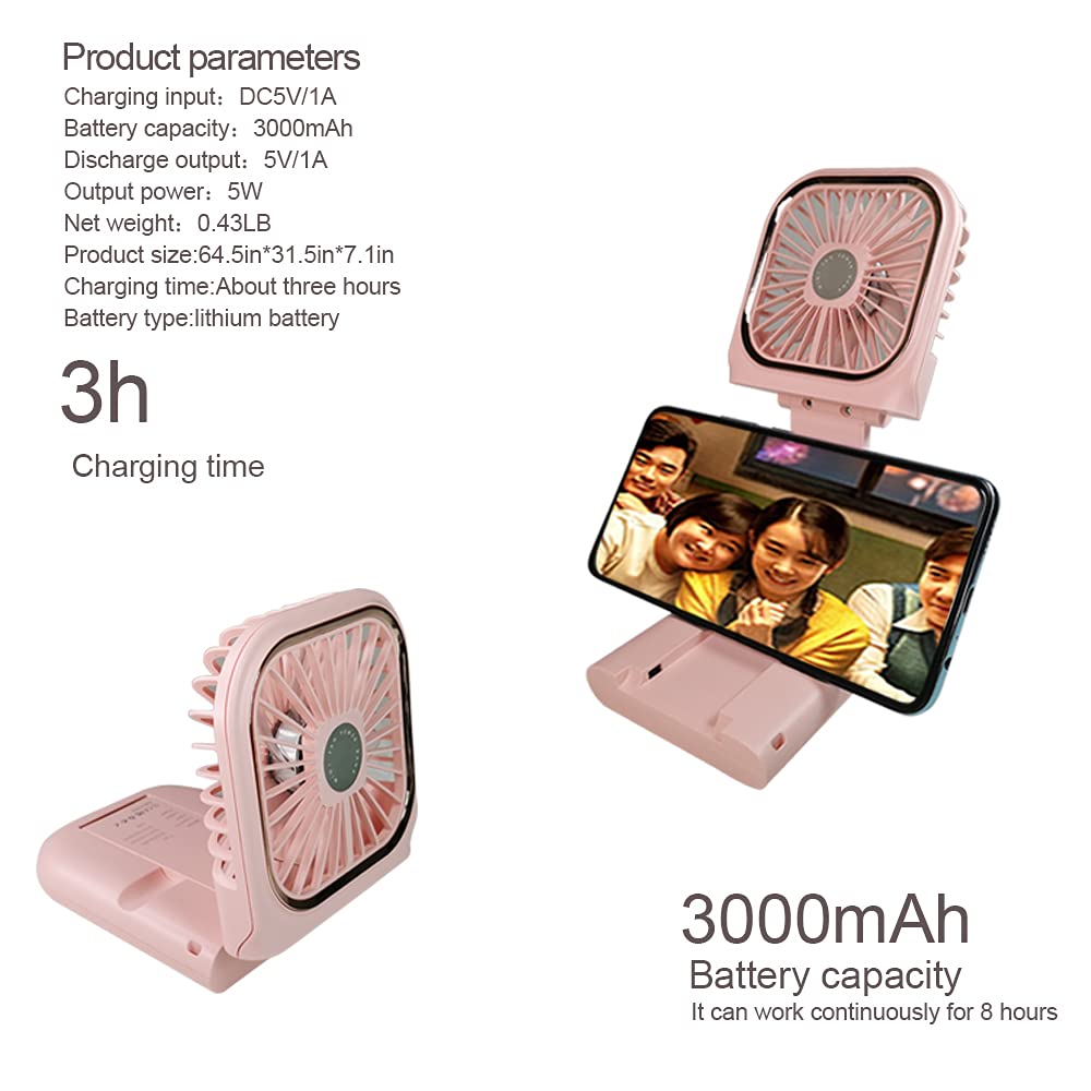 SHENSINGLE Handheld Fan Foldable Hanging Neck Fan 3 in 1 Small Fan with Phone Stand Power Bank Function 3 Speeds USB Charging Cooling Fan 3000mAh Battery Capacity for Home Office Travel (pink)