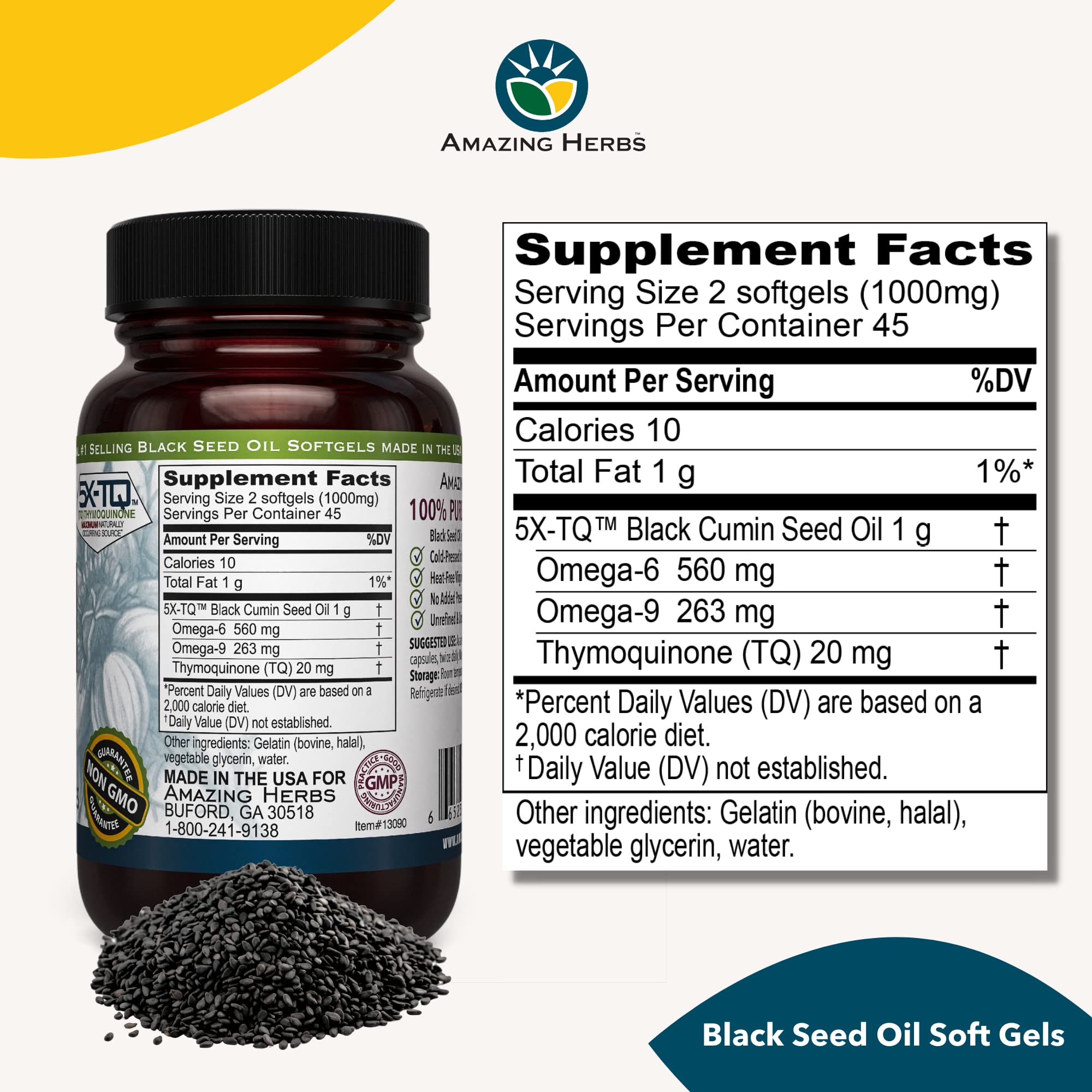 Amazing Herbs Premium Black Seed Oil Capsules - Cold Pressed Nigella Sativa Aids in Digestive Health, Immune Support, Brain Function, Gluten Free, Non GMO - 90 Count, 500mg