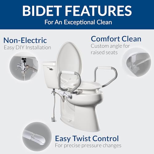 Bemis Assurance 3" Raised Toilet Seat with Handles and Bidet Attachment, Clean Shield Guard, Secure Hinges, Elongated, White