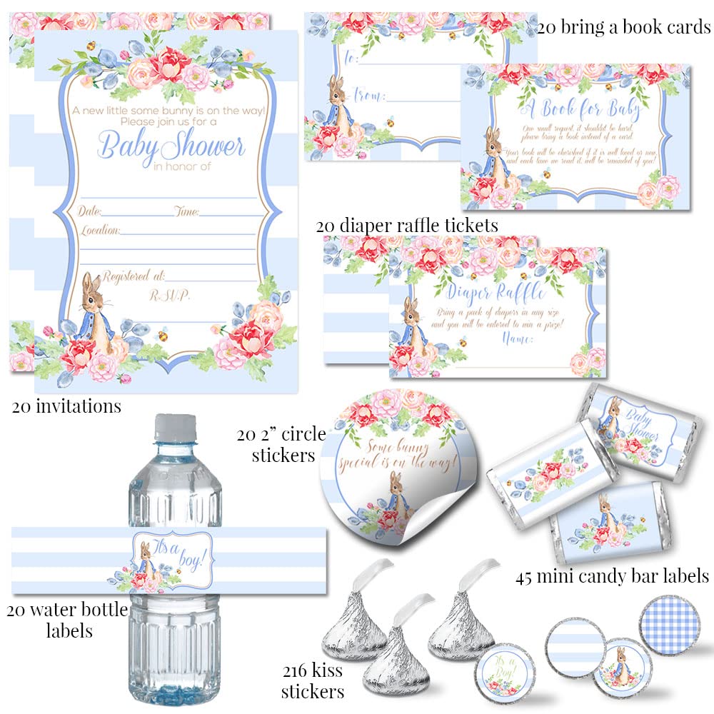 Amanda Creation Little Rabbit Boy Baby Shower Party Bundle Includes 20 each of Invitations with Envelopes + 4 Different Sizes of Decorative Stickers, Diaper Tickets & Bring a Book Cards