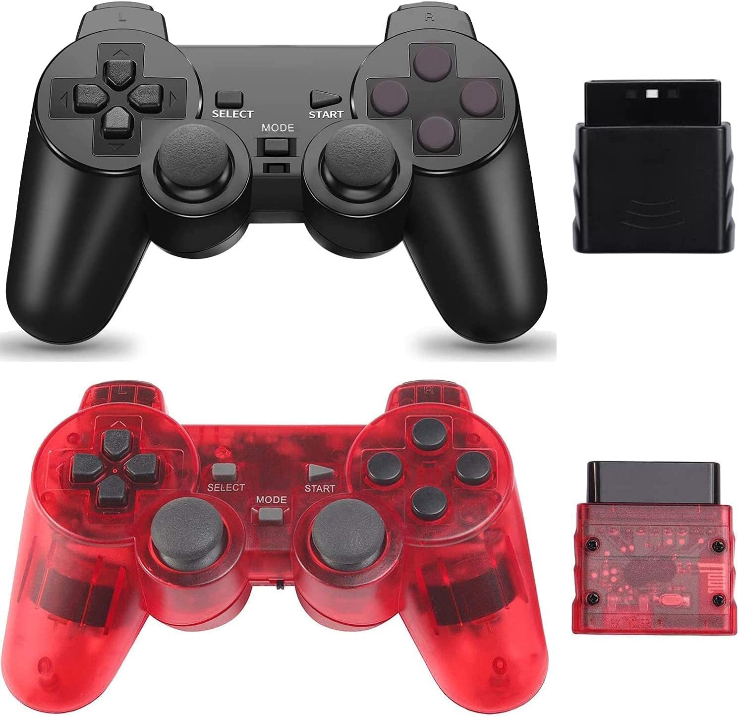 Burcica Wireless Controller for PS2 Play Station 2 Dual Vibration 2 PC (ClearBlue and ClearRed)