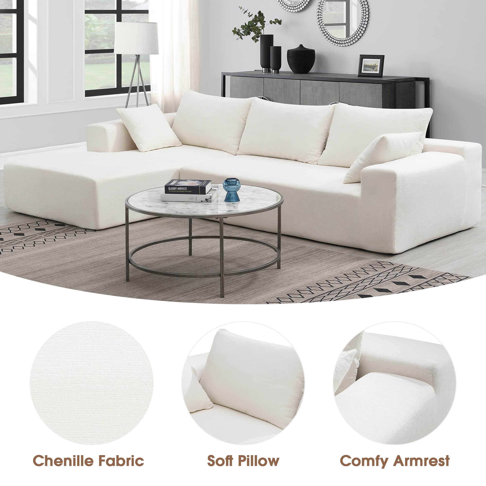 BIADNBZ 109" Modular Sectional Sofa with Chaise Lounge and Pillows, Convertible L Shaped Couch for Living Room Small Spaces Apartment Salon, Upholstered Chenille Fabric Sleeper,White