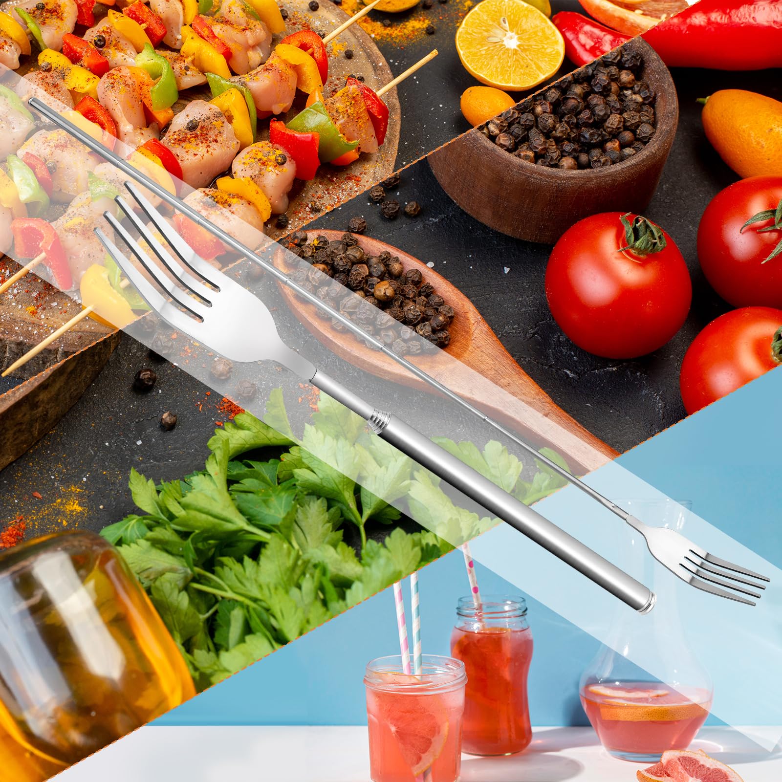 Stainless Steel Retractable Fork Telescopic Fork Extending Fork 63 cm Long Extendable Dinner Fruit Dessert Fork Extendable Fork Barbecue Toasting Dinner 8.7~24.8inch