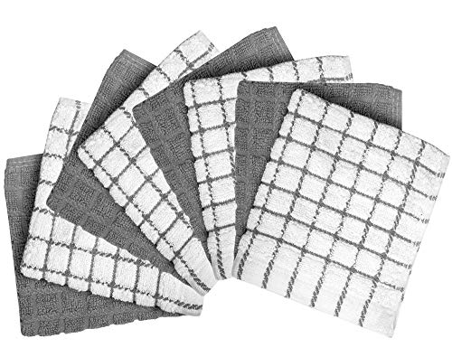 Bumble Premium Cotton Dish Cloths (12" x 12") Grey Check Design | Highly Absorbent | Natural Ring Spun Cotton | Kitchen Dish Towel Set | 380 GSM - 8 Pack