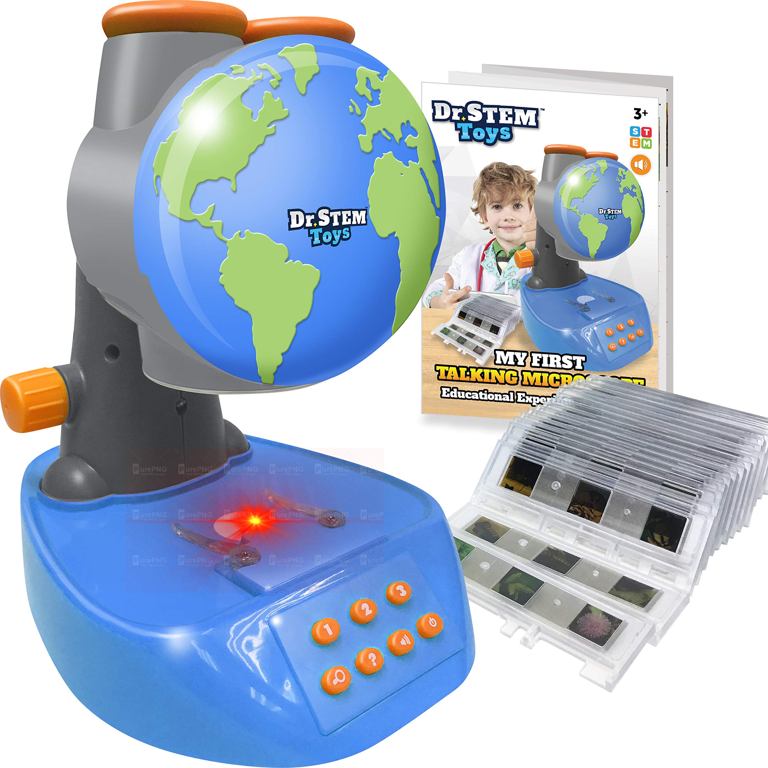Dr. STEM Toys - Talking Microscope for Kids with Twenty Slides Containing Sixty Specimens, Over 120 Quiz Facts, Adjustable Focus, and Light-Up Platform