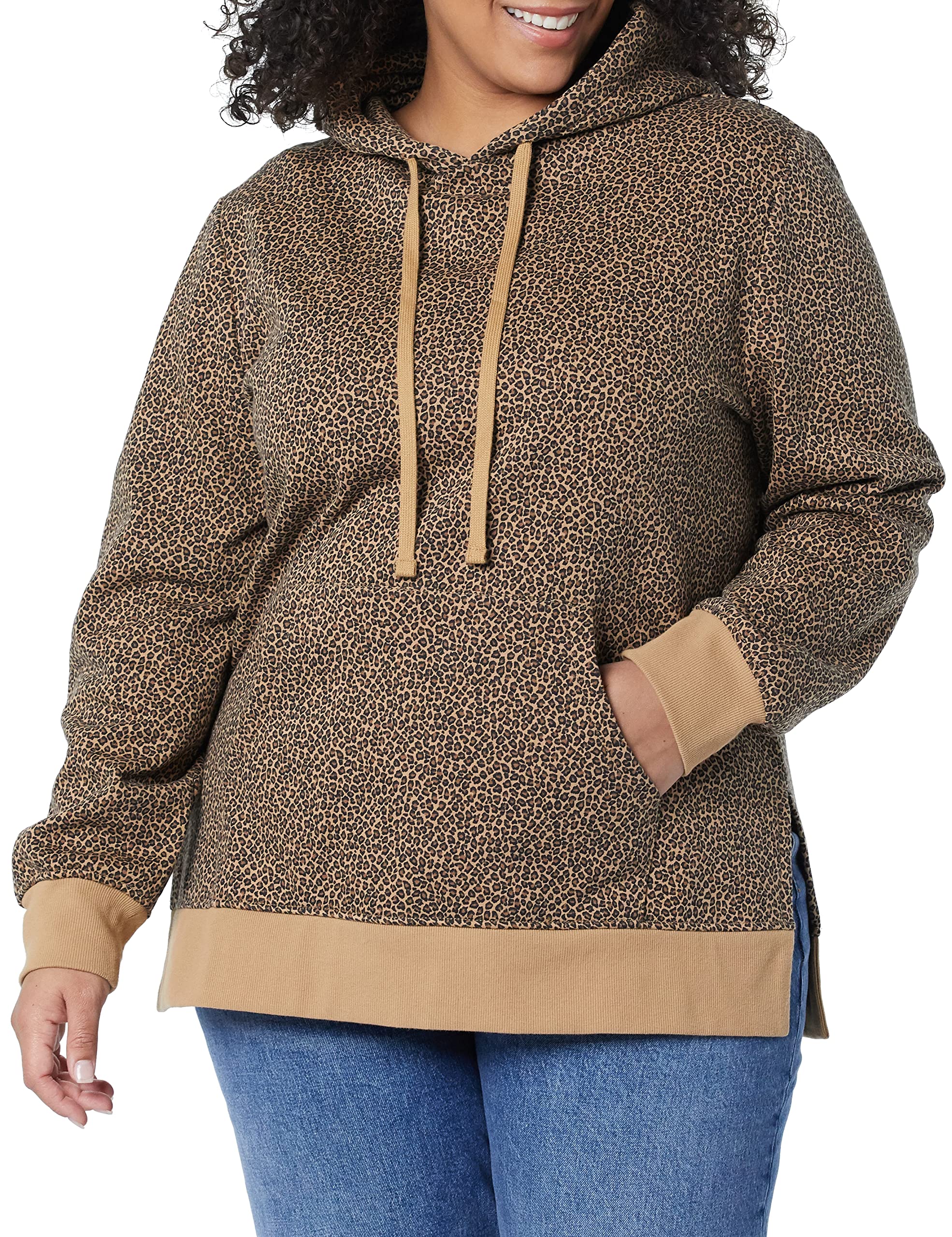 Amazon Essentials Women's French Terry Hooded Tunic Sweatshirt, Camel Cheetah, X-Large