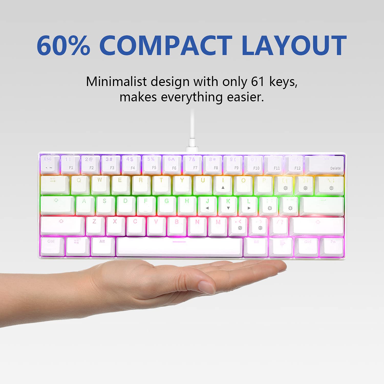 RedThunder 60% Mechanical Gaming Keyboard, 61 Keys Ultra-Compact Wired Mini Keyboard, Rainbow RGB Backlight for Typist Laptop PC Mac Gamer (White, Red Switch)