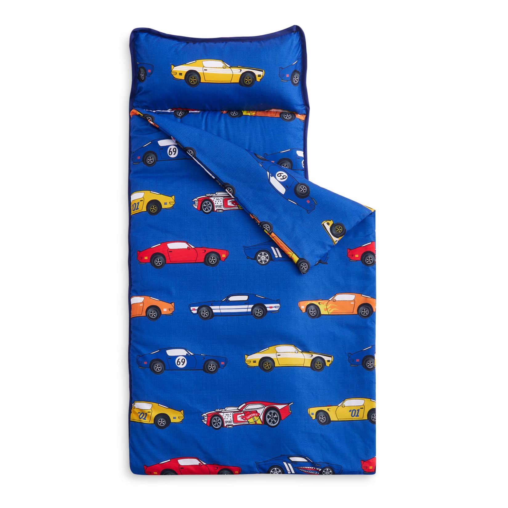 Wake In Cloud - Nap Mat with Removable Pillow for Kids Toddler Boys Girls Daycare Preschool Kindergarten Sleeping Bag, Sports Race Cars Supercars on Blue, 100% Soft Microfiber