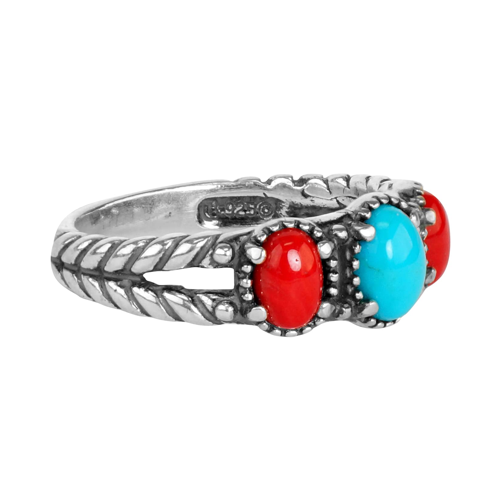 American West Jewelry Sterling Silver Women's Ring Red Coral & Blue Turquoise Gemstone 3-Stone Design Size 5