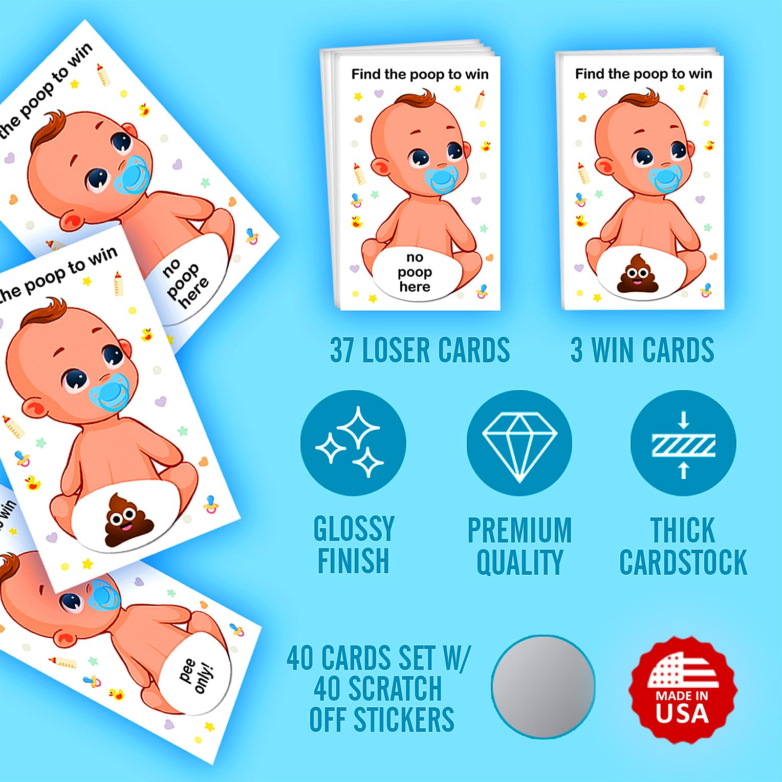 Baby Shower Boy Scratch Off Poop Game, Easy to Play Silly Games, Fun Idea, Ice Breaker Activity. Raffle Cards, Blue Pacifier, Set of 40 Cards Made in USA