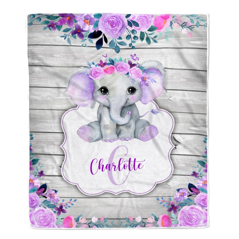 CenturyTee Personalized Baby Blanket Monogram Purple Floral Elephant Custom Nursery Swadding Boy Girl with Name Daughter Granddaughter Niece Birthday Fleece Blanket (30 x 40 in Baby Size)