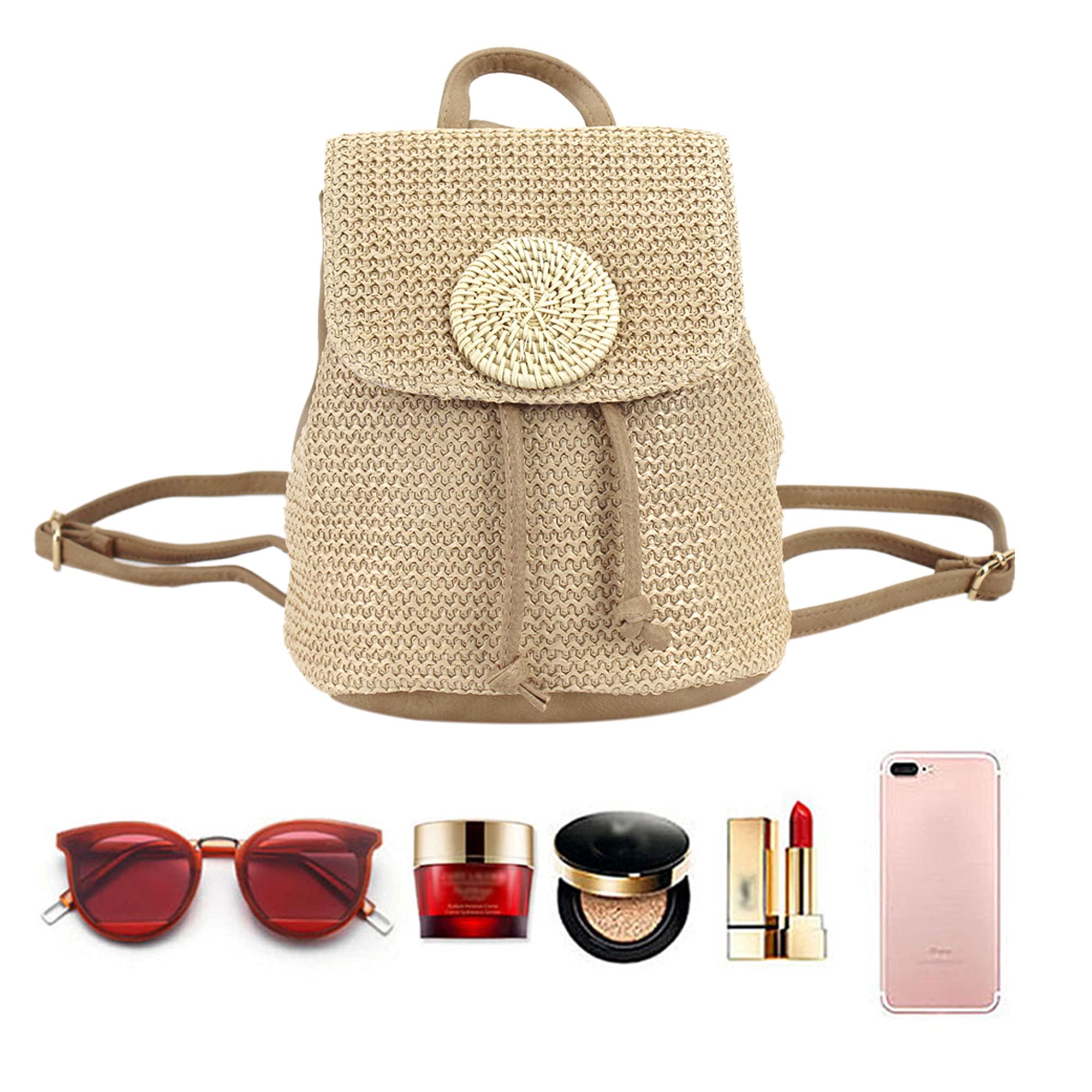 Felice Ann Women Small Straw Woven Backpack Daypack Cross-body Shoulder Bag