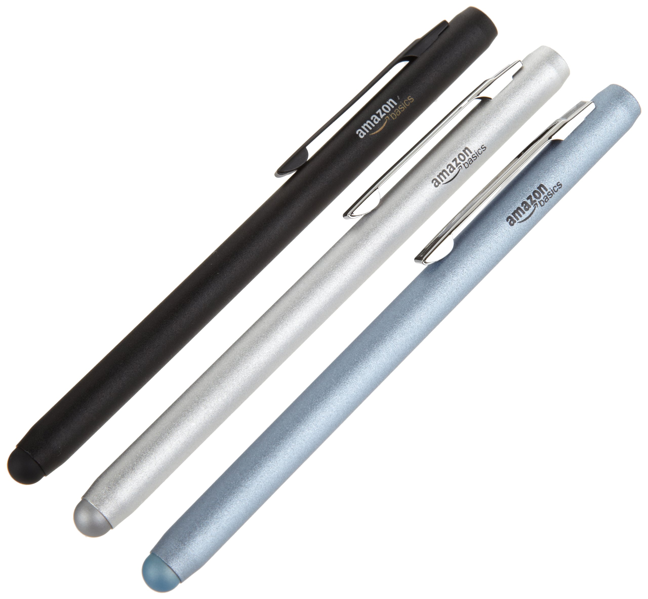 Amazon Basics 3-Pack Executive Stylus for Touchscreen Devices Including Kindle Fire, Apple iPad, Samsung Galaxy Tab, Black/Sliver/Blue