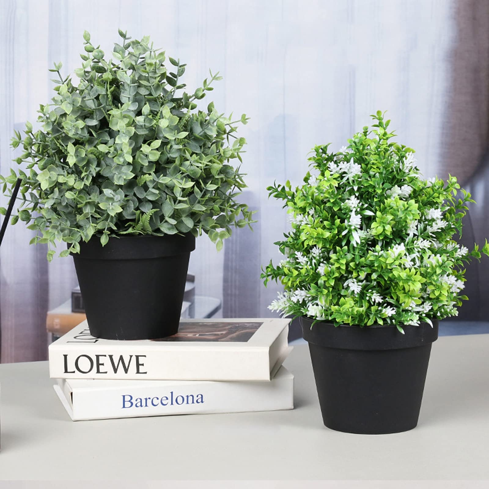 FELICIGG 2 Pack Artificial Plants in Pot, Faux Potted Greenery Plant for Indoor Decorations, Small Fake Plastic Plant for Home Office Garden Decoration,D+d