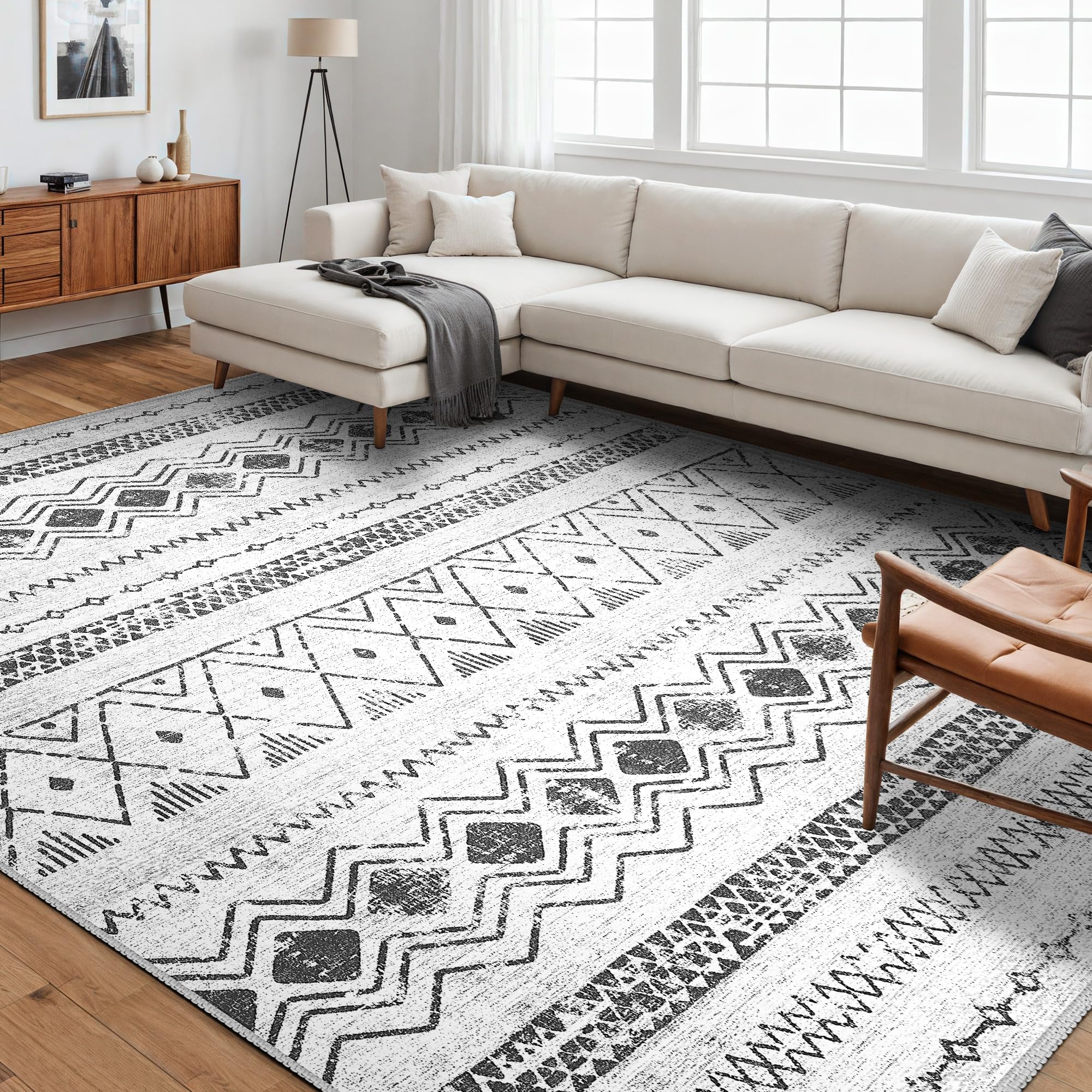 Boho Moroccan Area Rug 8x10 - Large Indoor Geometric Neutral Rug for Living Room Bedroom Dining Table Modern Home Office - Soft & Machine Washable Foldable Farmhouse Carpet - Grey