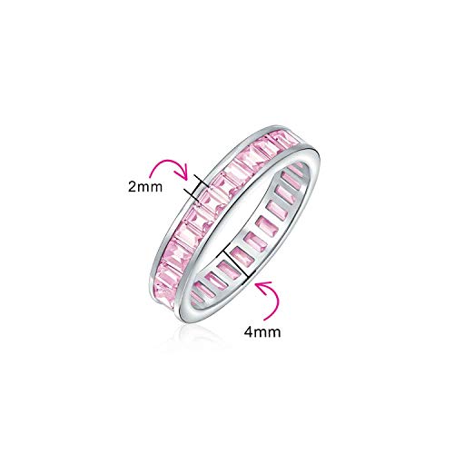 AAA Cubic Zirconia Pink Channel Set Rectangle Emerald Cut Baguette CZ Eternity Ring Anniversary Wedding Band For Women .925 Sterling Silver 4MM Stackable Rings