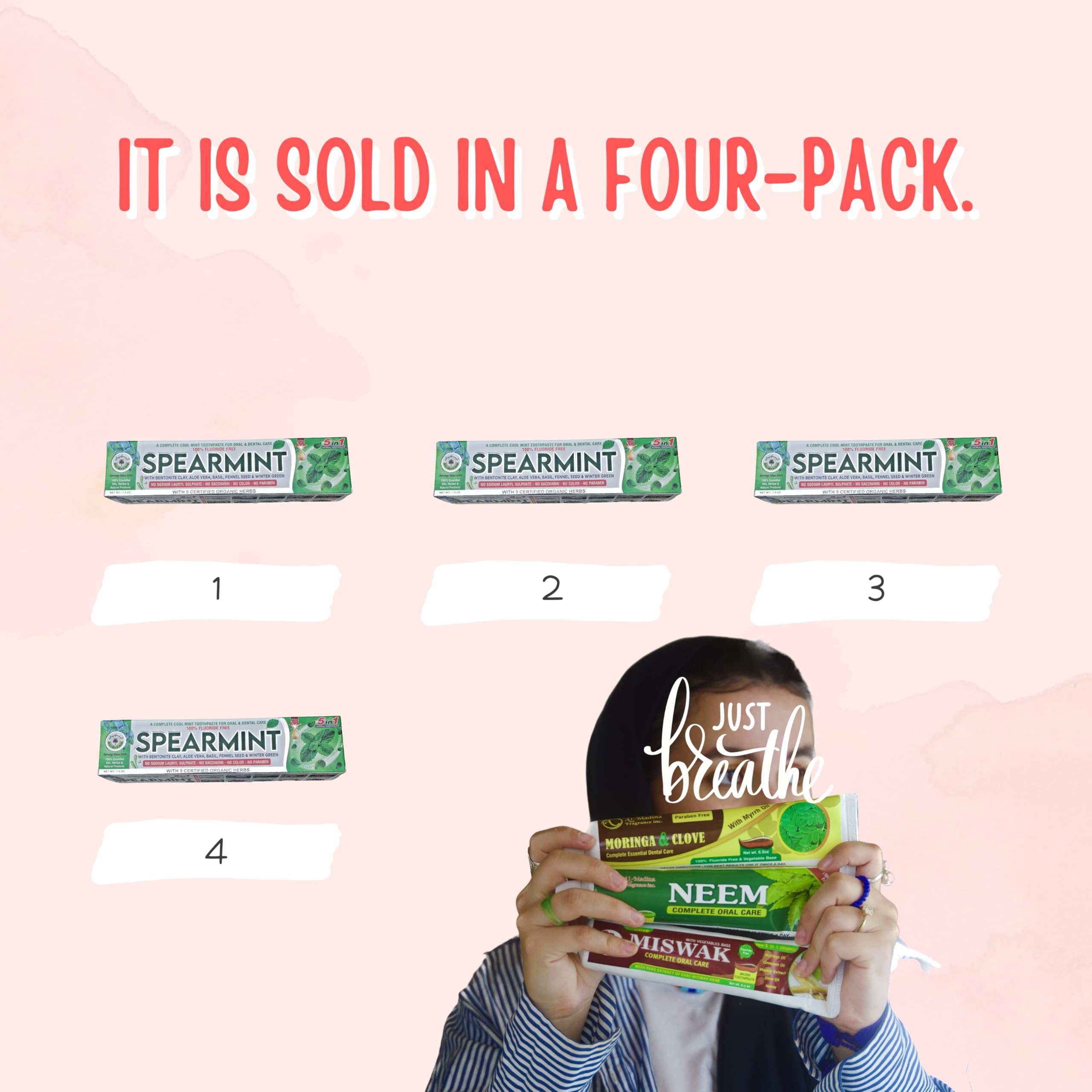 Pack of 4- Black Seed, Coconut, Tea Tree, Saffron, Peppermint- Herbal Toothpaste and Triplemint Fluoride Free